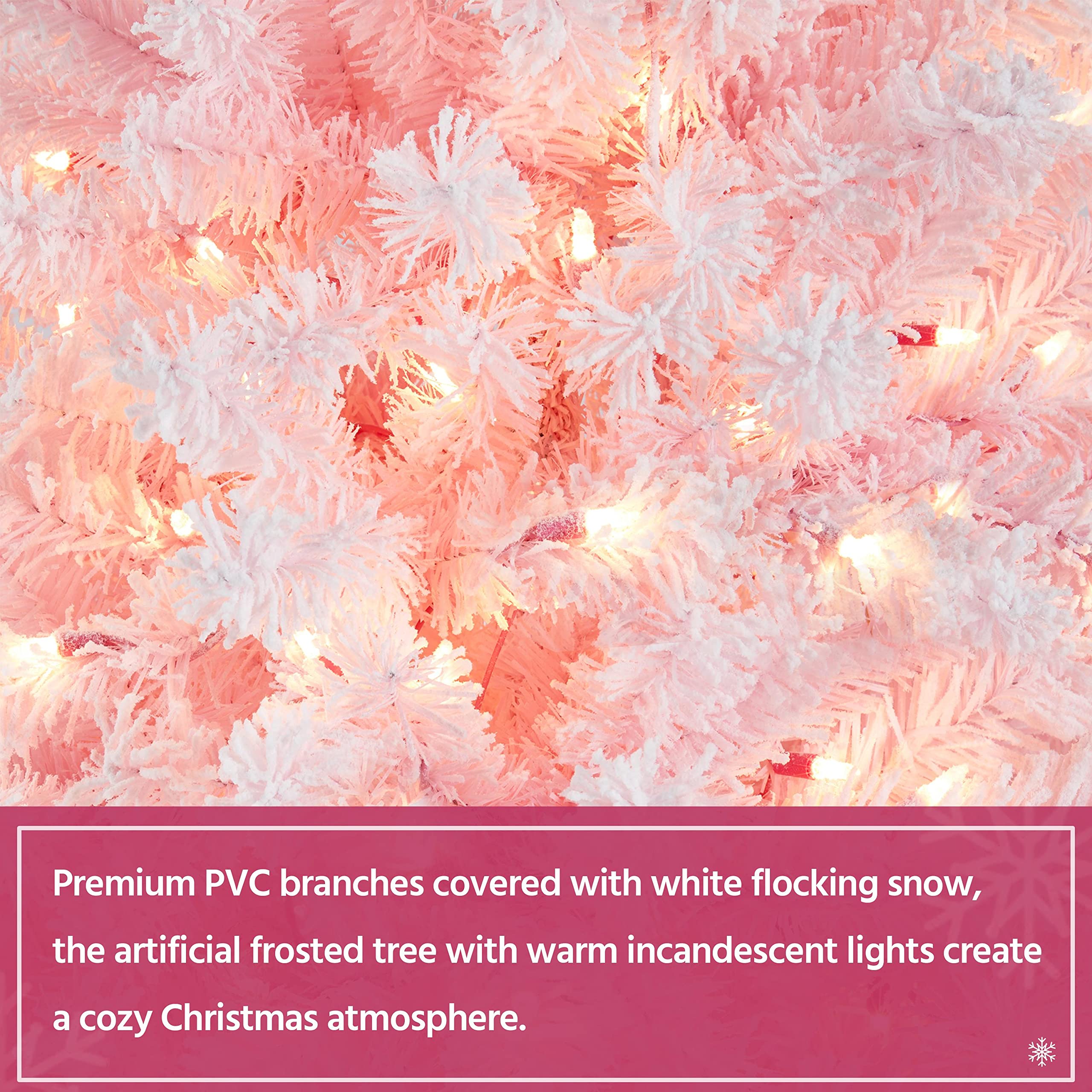 Yaheetech 4.5ft Pre-lit Artificial Christmas Tree with Incandescent Warm White Lights, Snow Flocked Full Prelighted Xmas Tree with 340 Branch Tips, 150 Incandescent Lights & Foldable Stand, Pink