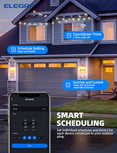 ELEGRP PQR20 Smart Outdoor Plug, Waterproof IP66 Wi-Fi Outlet with 2 Individually Sockets, Works with Alexa & Google Home, Voice & Remote Control, No Hub Required, 1875W/15A, UL FCC Certified, 1 Pack