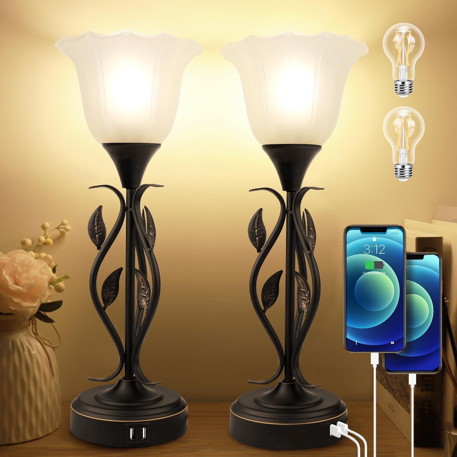 Touch Table Lamps for Bedroom, Bedside Lamps with USB Ports, 3-Way Dimmable Decorative Nightstand Lamp Rustic Leaf Torchiere Glass Flower Lamp for Living Room Dresser (Bulbs Included)
