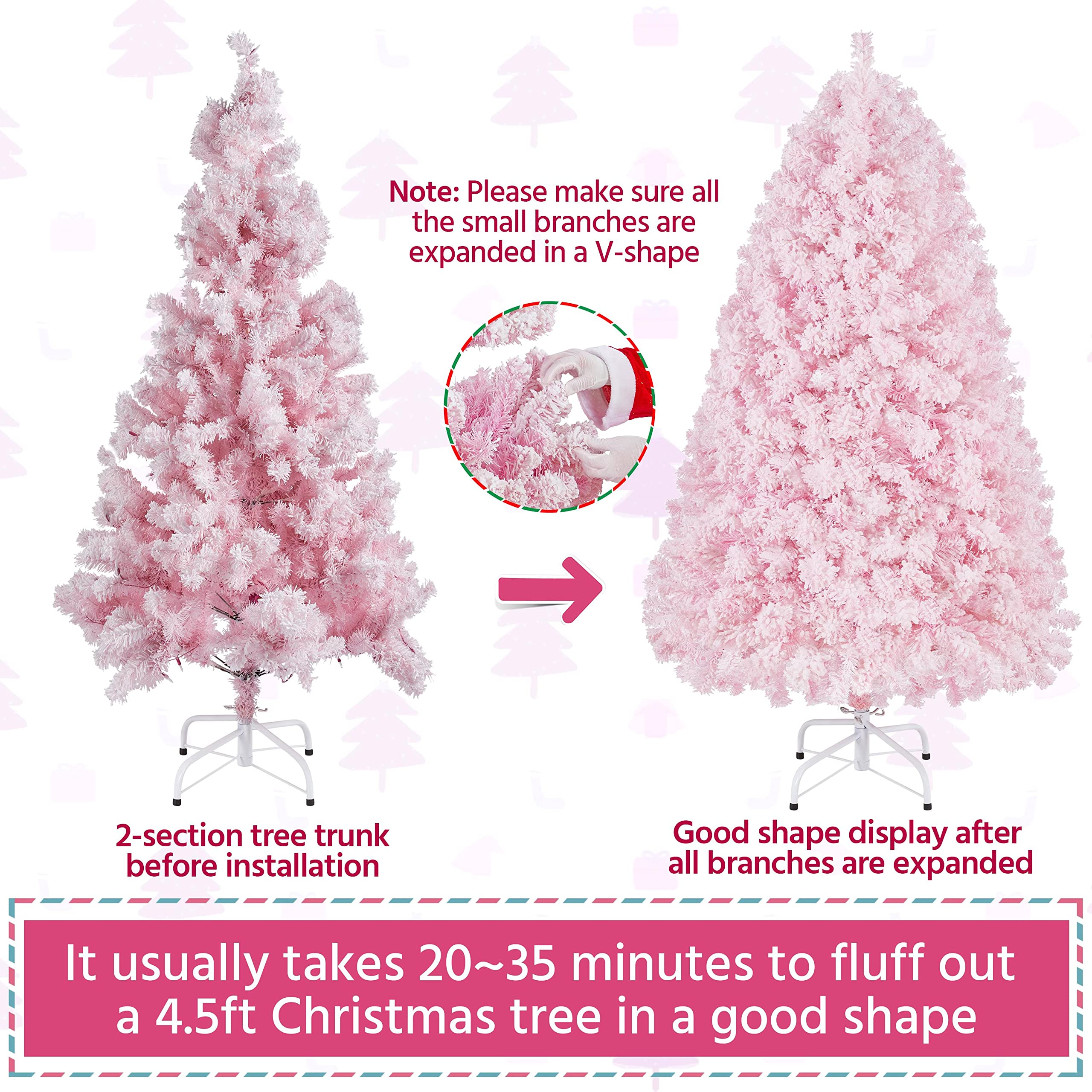Yaheetech 4.5ft Pre-lit Artificial Christmas Tree with Incandescent Warm White Lights, Snow Flocked Full Prelighted Xmas Tree with 340 Branch Tips, 150 Incandescent Lights & Foldable Stand, Pink