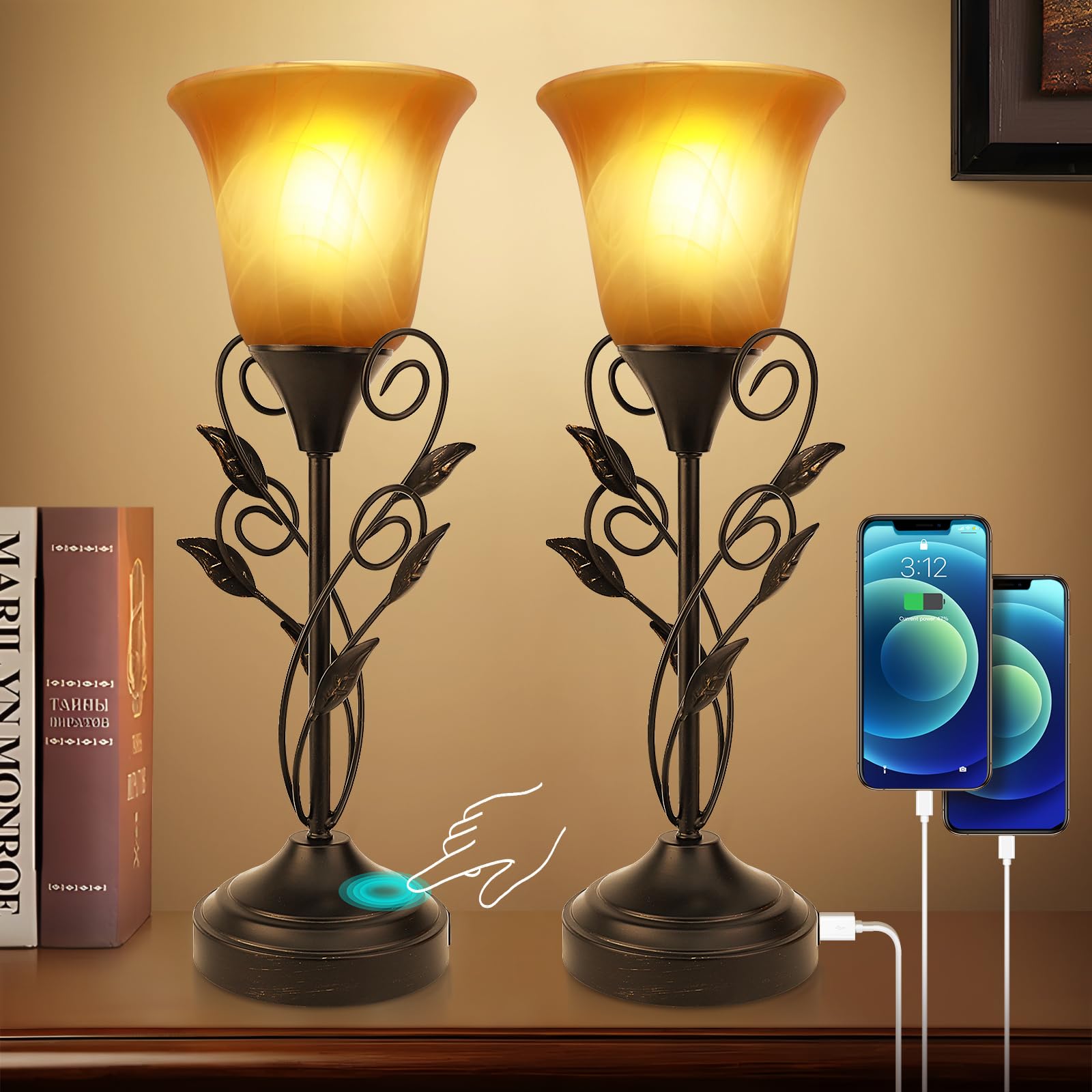 Touch Table Lamps for Bedroom, Bedside Lamps with USB Ports, 3-Way Dimmable Decorative Nightstand Lamp Rustic Leaf Torchiere Glass Flower Lamp for Living Room Dresser (Bulbs Included)