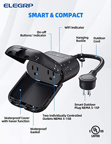 ELEGRP PQR20 Smart Outdoor Plug, Waterproof IP66 Wi-Fi Outlet with 2 Individually Sockets, Works with Alexa & Google Home, Voice & Remote Control, No Hub Required, 1875W/15A, UL FCC Certified, 1 Pack