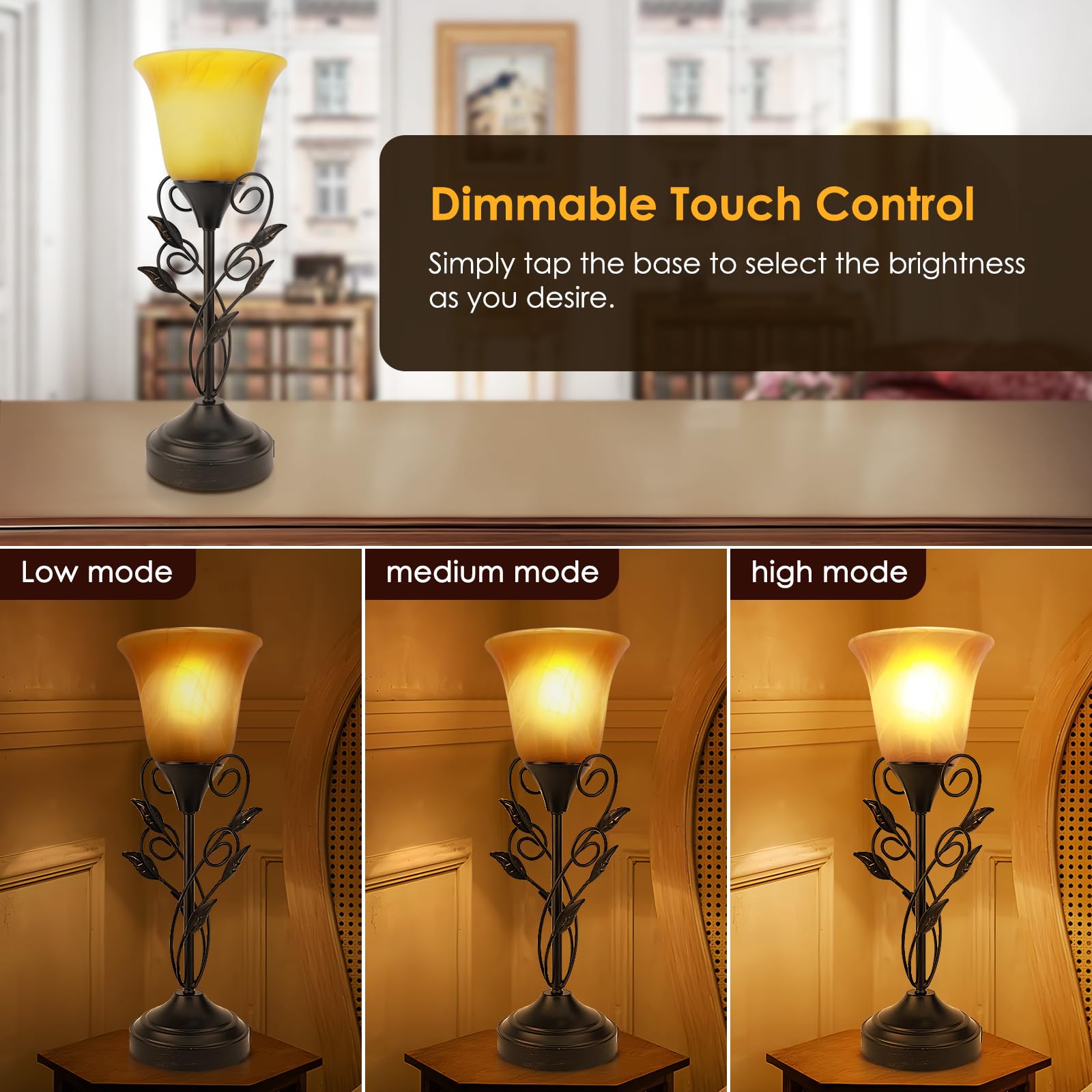 Touch Table Lamps for Bedroom, Bedside Lamps with USB Ports, 3-Way Dimmable Decorative Nightstand Lamp Rustic Leaf Torchiere Glass Flower Lamp for Living Room Dresser (Bulbs Included)