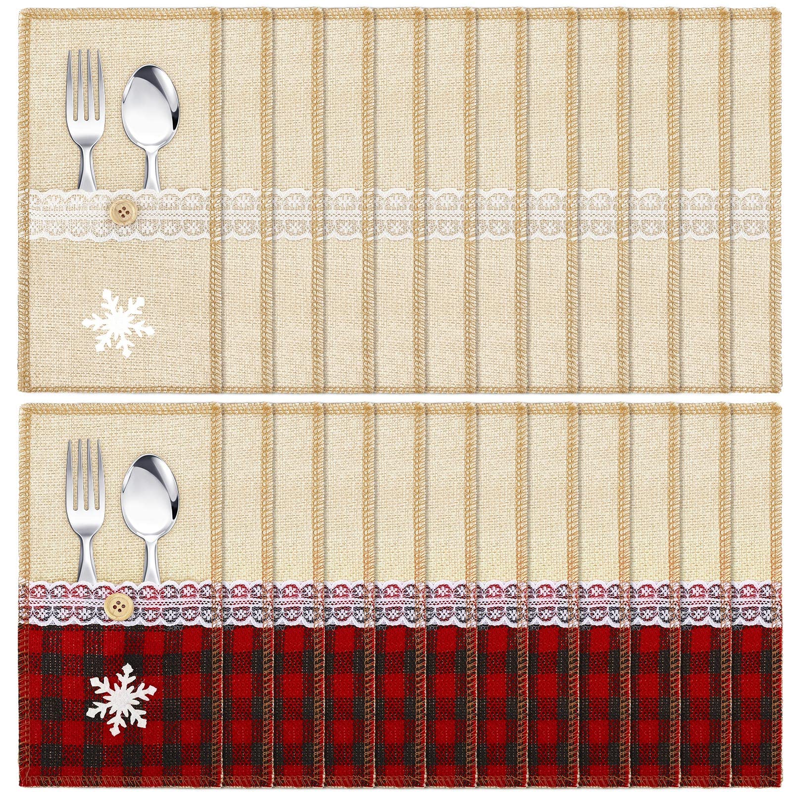 24 Pieces Christmas Burlap Utensil Holder Lace Silverware Holder Utensil Pouch Holders Buffalo Check Plaid Knifes Forks Bags Xmas Table Decor Set for Xmas Wedding Party Dinner Table Supplies