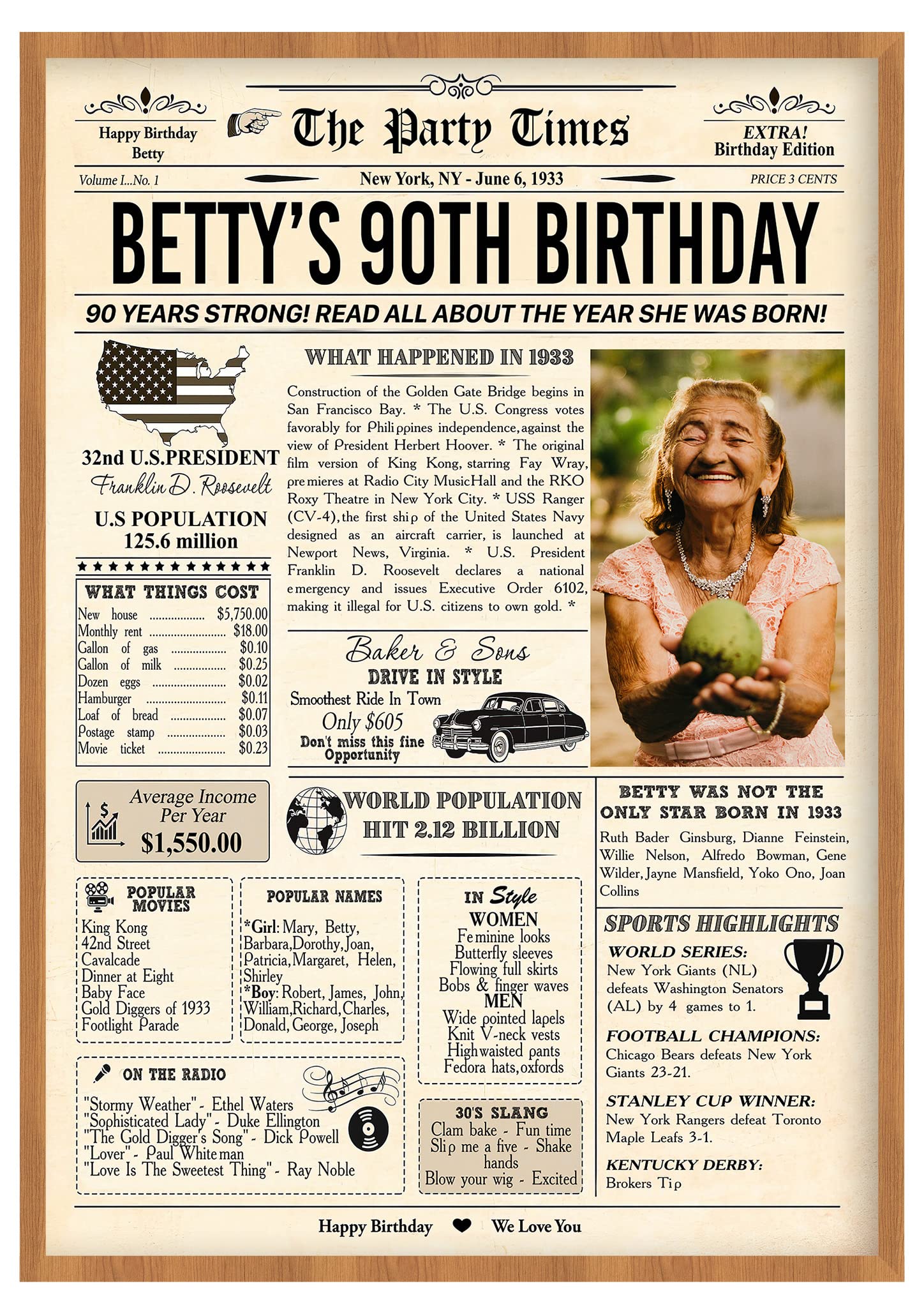 Personalized 90th Birthday Gifts, Decorations Party For Women, Men, Him, Her - Custom Vintage Newspaper Poster Decor with Name
