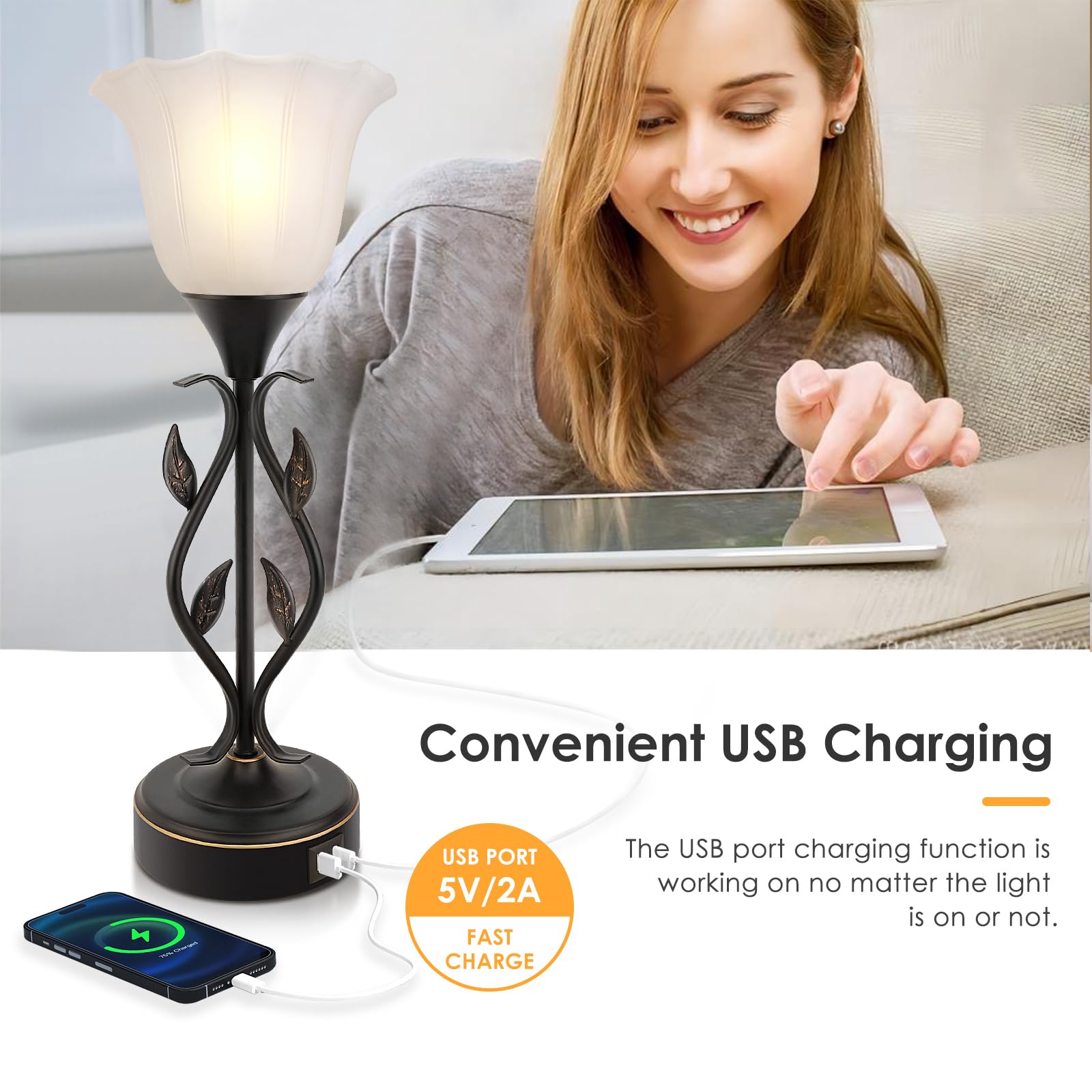 Touch Table Lamps for Bedroom, Bedside Lamps with USB Ports, 3-Way Dimmable Decorative Nightstand Lamp Rustic Leaf Torchiere Glass Flower Lamp for Living Room Dresser (Bulbs Included)