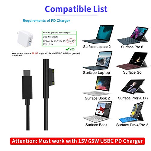 USECL Surface Connect to 65W USB-C Charging Cable Compatible with Microsoft Surface Go. Pro 7/6/ 5/4/ 3, Surface Book1/2,Surface Laptop1/2, Male USB-C Connector Black Cord 1.8Mtr(5.9FT). (Male)