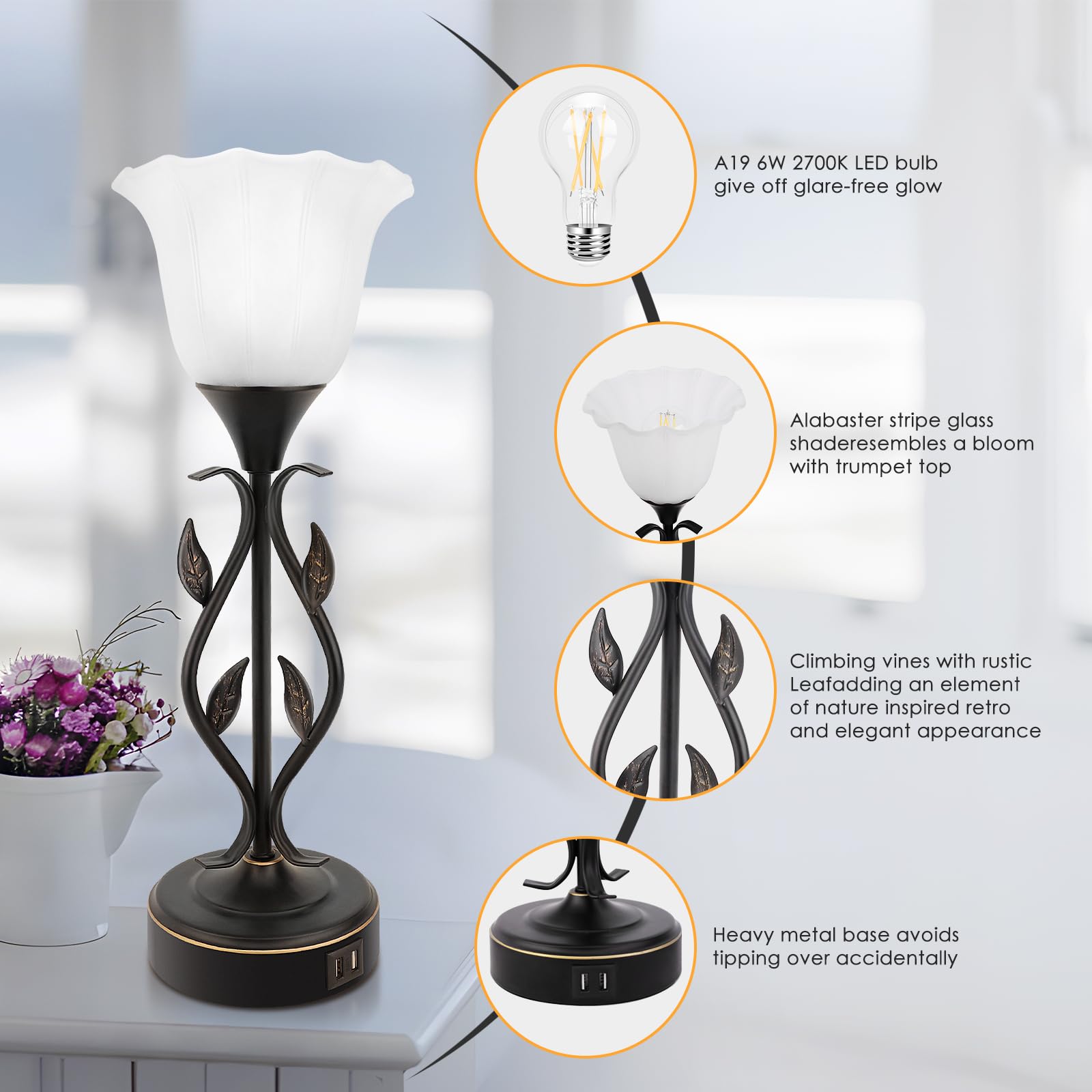 Touch Table Lamps for Bedroom, Bedside Lamps with USB Ports, 3-Way Dimmable Decorative Nightstand Lamp Rustic Leaf Torchiere Glass Flower Lamp for Living Room Dresser (Bulbs Included)