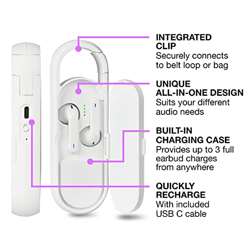 Acoustic Research – Model- ARTWS30, Duo Wireless Speaker and Earbuds – All-in-One Bluetooth Speaker, Earbuds and Charging Case, Hands-Free Calling, Built-in Travel Clip, Portable, Rechargeable – White