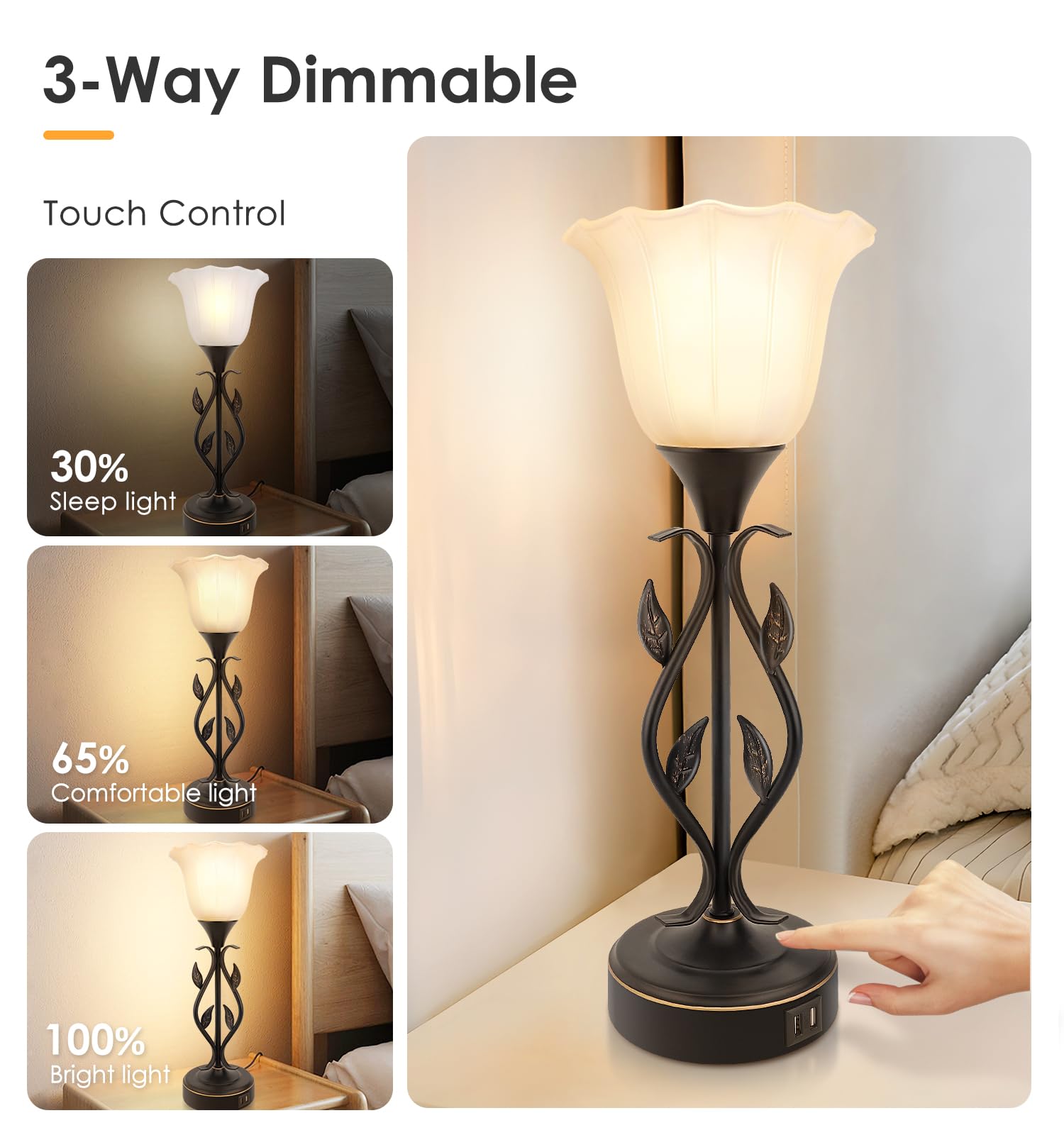 Touch Table Lamps for Bedroom, Bedside Lamps with USB Ports, 3-Way Dimmable Decorative Nightstand Lamp Rustic Leaf Torchiere Glass Flower Lamp for Living Room Dresser (Bulbs Included)