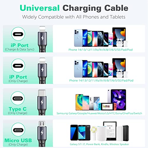 Multi Charging Cable 4A [2Pack 4Ft] 4 in 1 Retractable Multi Fast Charger Cable with 2 * IP/Type C/Micro USB Ports USB Cable for All Phones/iP 12 11 Xs/Samsung Galaxy/Huawei/LG/Google/HTC/Sony/Tablets
