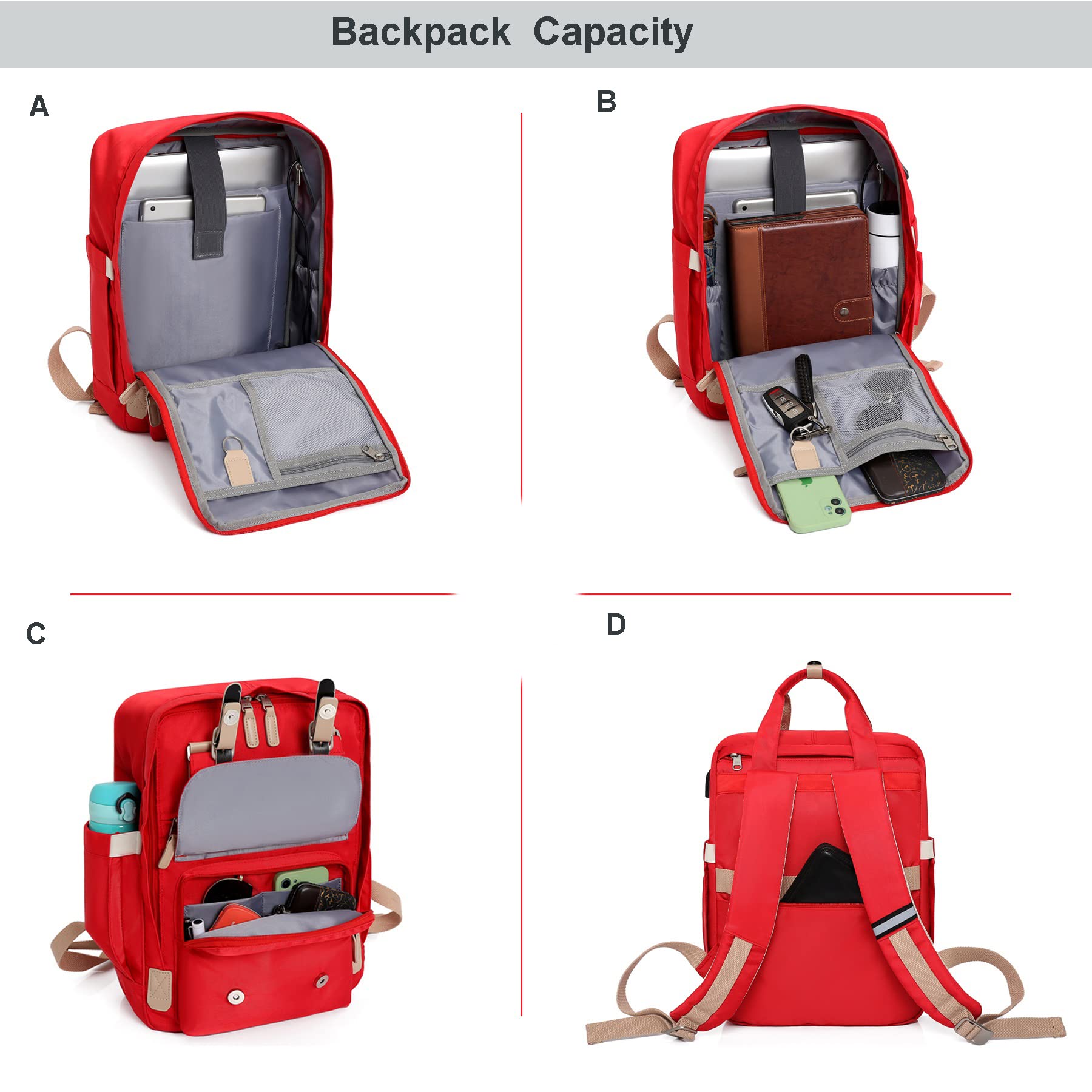 koculemi Laptop Backpack For Women, Travel Backpack Purse For 15.6 Inch Laptop with USB Charging Port, Water Resistant School Backpack Casual Hiking Daypack for Office/Teacher/Work (Red)