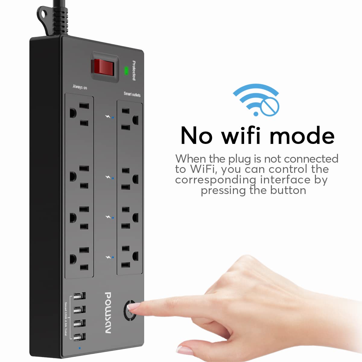 POWSAV 6 Ft WiFi Surge Protector - 8 Outlet Extension Cord with 4 Smart & 4 Always On Outlets, 4 USB Ports, Alexa & Google Home Compatible, Black