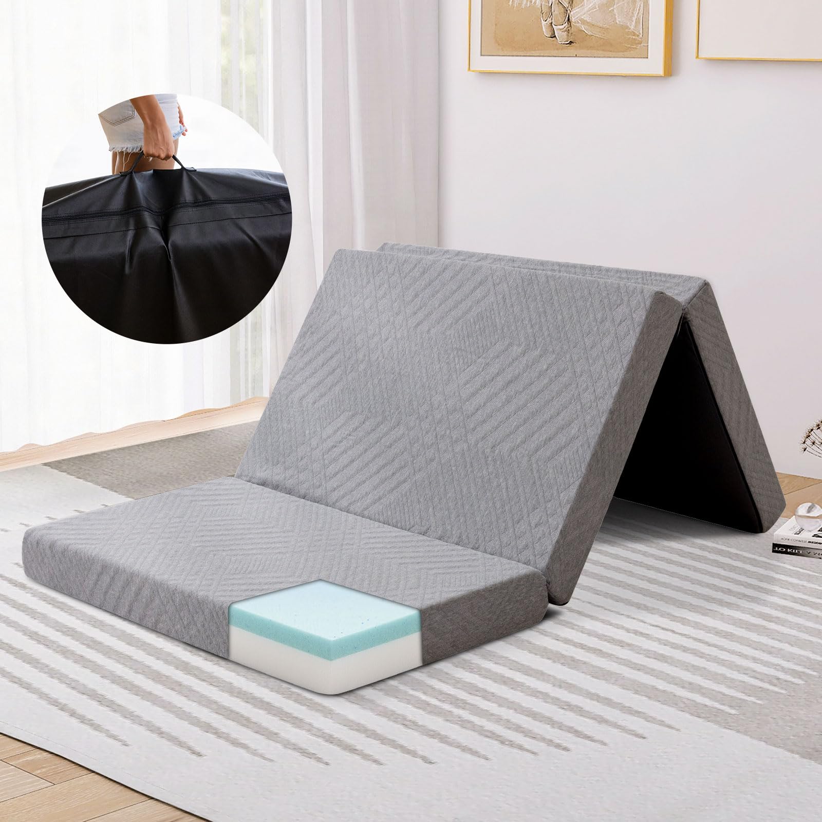 Hcore Folding Mattress Twin XL, 4 Inch Foldable Trifold Memory Foam Mattress with Bag, Portable Mattress Topper for Floor, Camping, Guest, CertiPUR-US Certified, 80"x 38" x4"