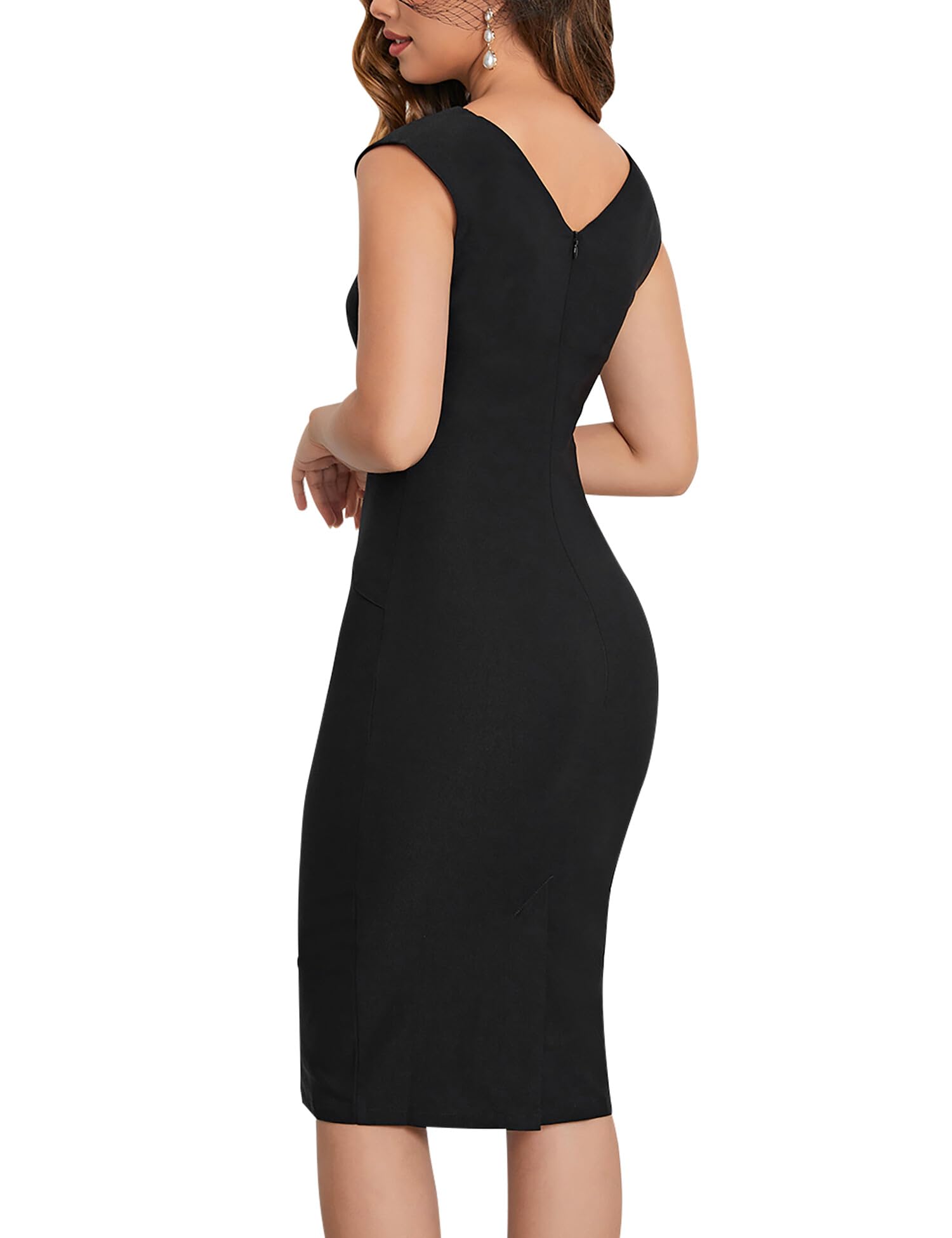 MUXXN Women's Sleeveless V Neck Knee Length Bridesmaid Wedding Guest Pencil Dress Black M