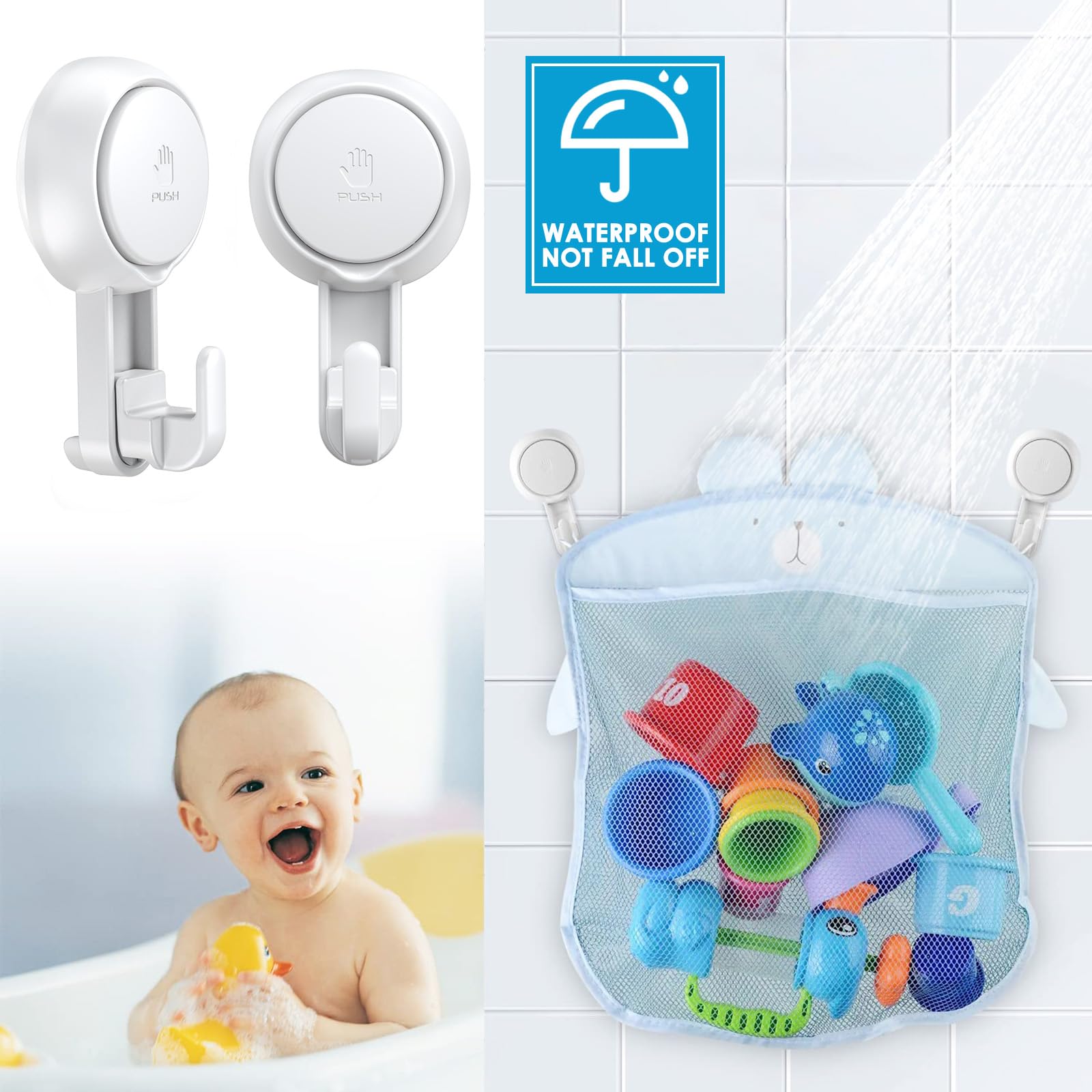 LUXEAR Suction Hooks Powerful Vacuum Suction Cup Hooks- Heavy Duty Shower Hooks Waterproof Suction Hanger for Bathroom Kitchen Towel, Robe, Loofah Removable and Reusable Hooks for Bags Coat (2 Pack)
