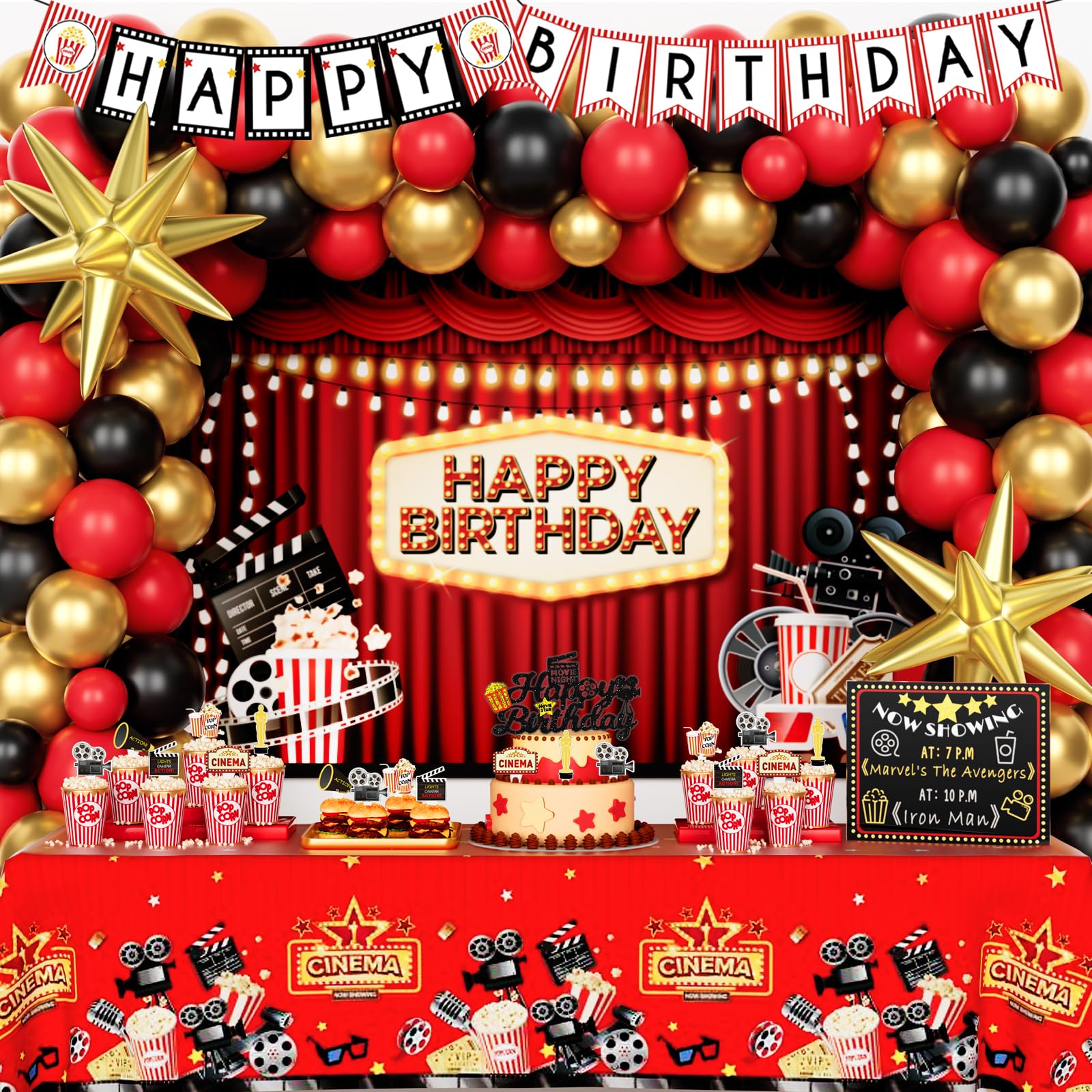 Hombae Movie Night Birthday Party Decorations, Movie Theater Hollywood Cinema Themed Birthday Party Backdrop Balloon Garland Banner Tablecloth Cake Cupcake Topper Poster Clapboard