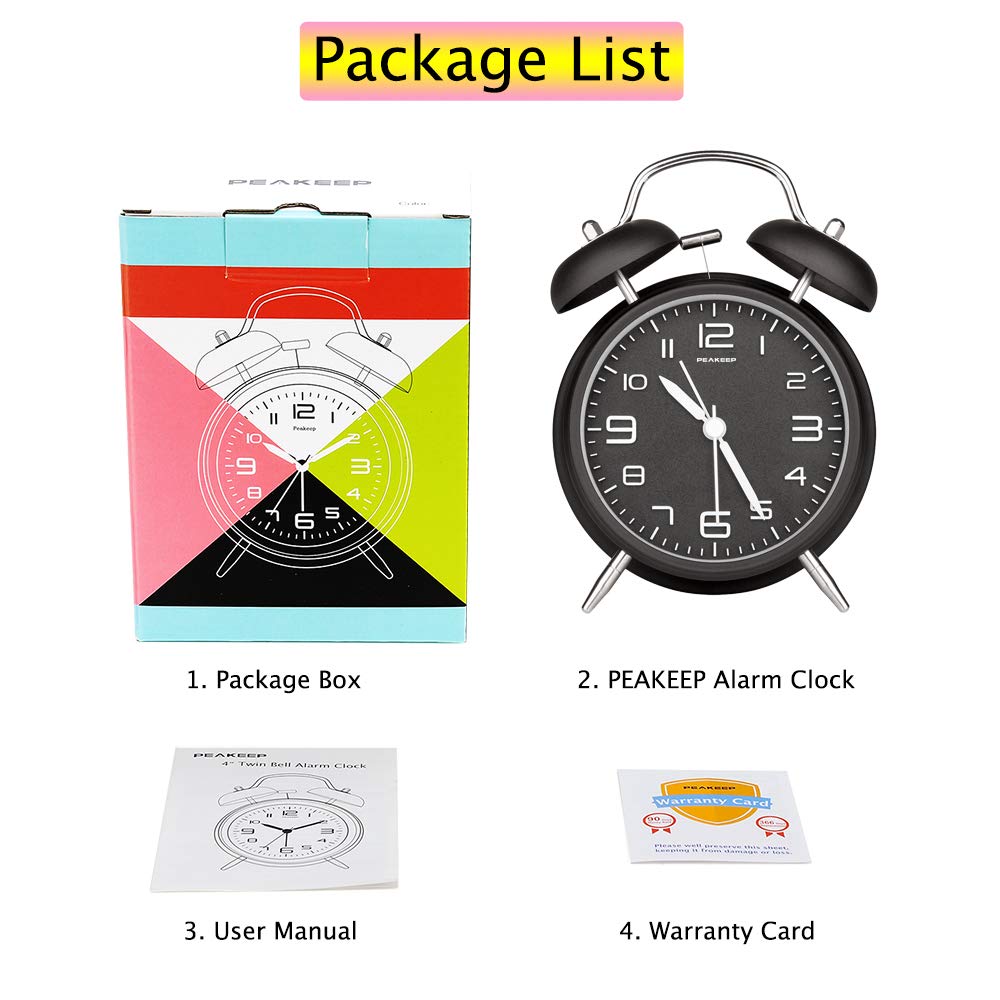 Peakeep 4 Inches Twin Bell Loud Alarm Clock for Heavy Sleepers, Backlight, Battery Operated Old Fashioned Alarm Clock for Bedrooms (Black)