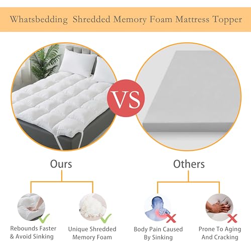 WhatsBedding 3 Inch Memory Foam Mattress Topper Twin Size, Premium Fluffy & Soft Shredded Memory Foam Filled Pillow Top, 4 Anchor Elastic Bands, Anti-Slip Bottom, 39x75in