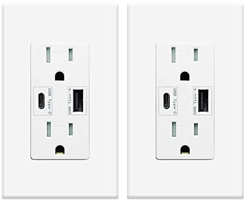 USB Type C Wall Outlet 4.8A Dual High Speed Receptacle 15 Amp, Smart Fast Charging Capability, Tamper Resistant Wall Plate Included UL Listed, Not for laptops, Micmi Type C 2 pack
