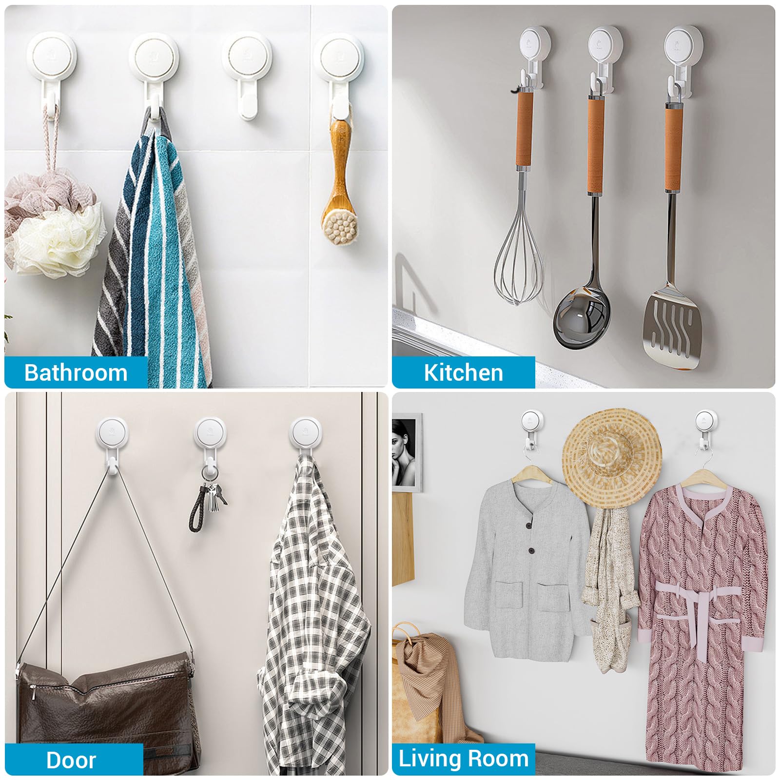 LUXEAR Suction Hooks Powerful Vacuum Suction Cup Hooks- Heavy Duty Shower Hooks Waterproof Suction Hanger for Bathroom Kitchen Towel, Robe, Loofah Removable and Reusable Hooks for Bags Coat (2 Pack)