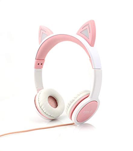 Gabba Goods Premium Kid's/Children's Safe Sound LED Light Up in The Dark Cat Over The Ear Comfort Padded Stereo Headphones with AUX Cable | Earphones - 85 Decibels