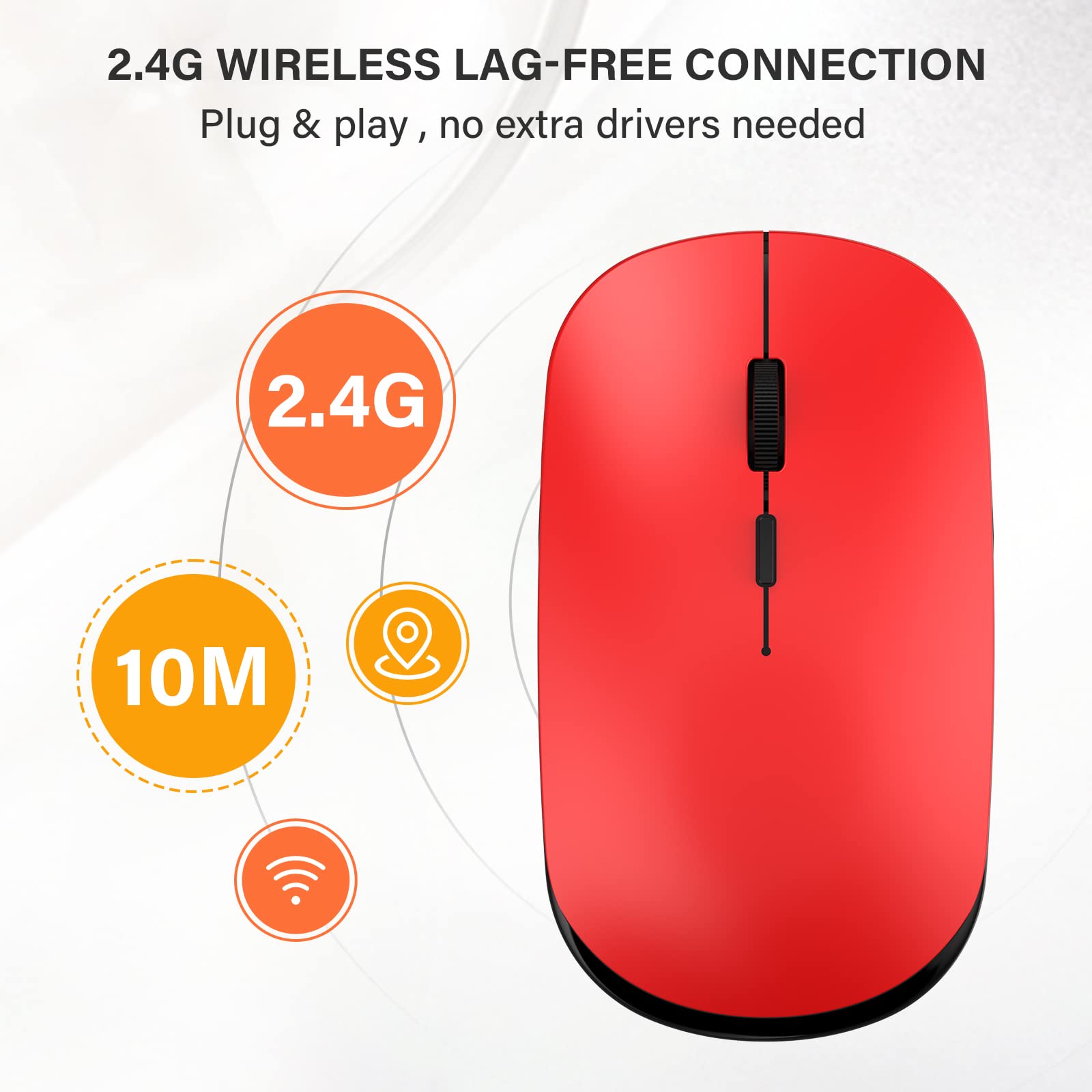 FENISIO Wireless Mouse, 2.4G Optical Cordless Mouse with USB Receiver Ultra Silent Ergonomic LED Mouse, AA Battery Operated, Computer Mouse for PC, Laptop, Desktop, MacBook, Windows (Red)