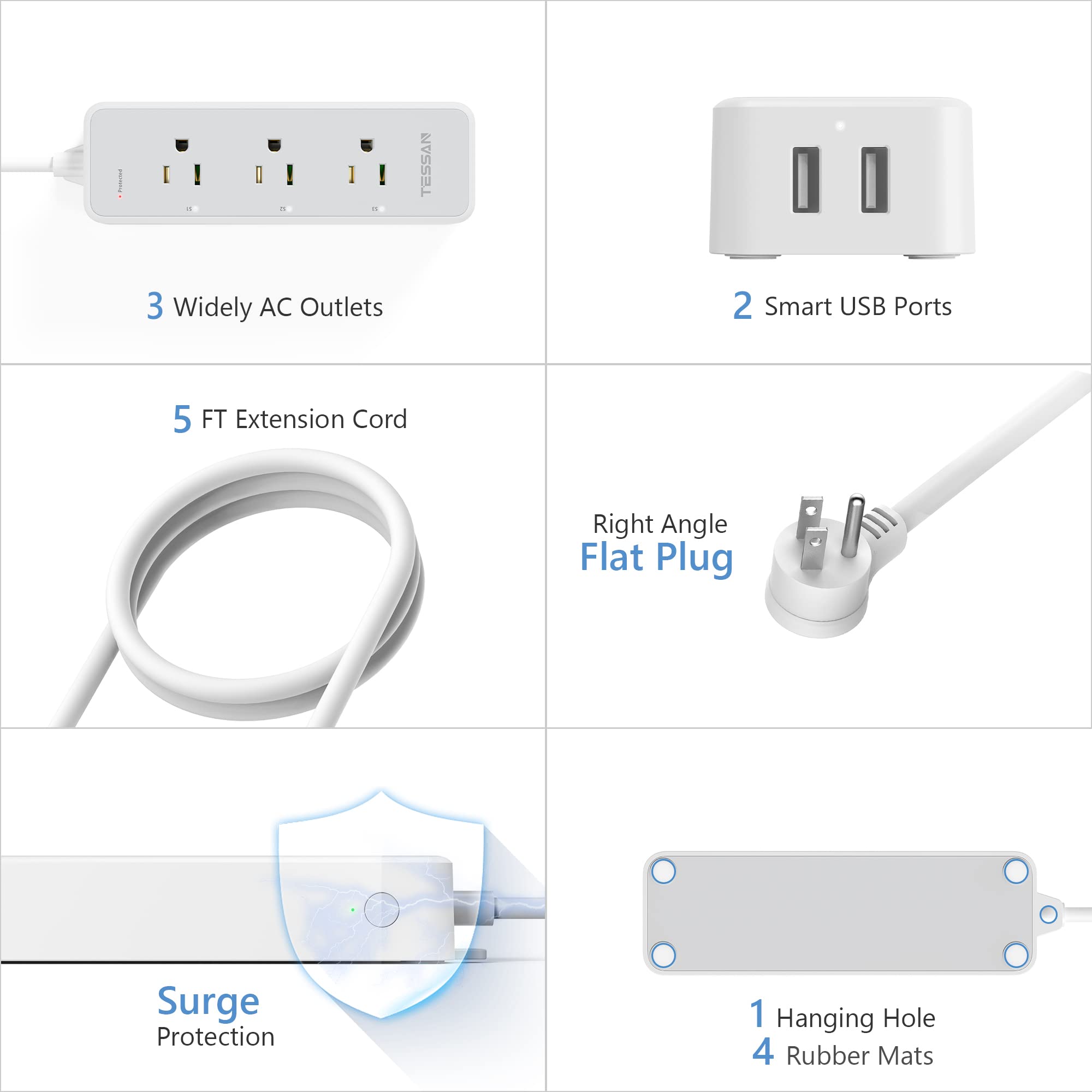 Smart Power Strip Surge Protector 900J, TESSAN WiFi Extension Cord with 3 Individually Remote Controlled Outlets Socket 2 USB, Wall Mountable Timer Smart Plug Compatible with Alexa& Google Home