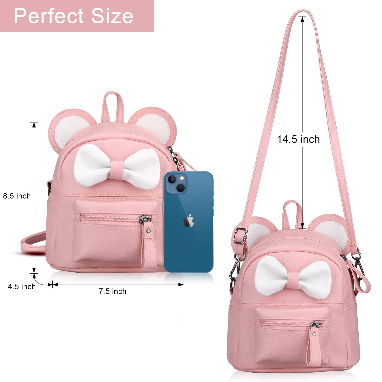 Dksyee Pink Small Cute Backpacks for Girls Bowknot Leather Cartoon Mouse Ears Mini Travel Backpack Convertible Shoulder Daypack…
