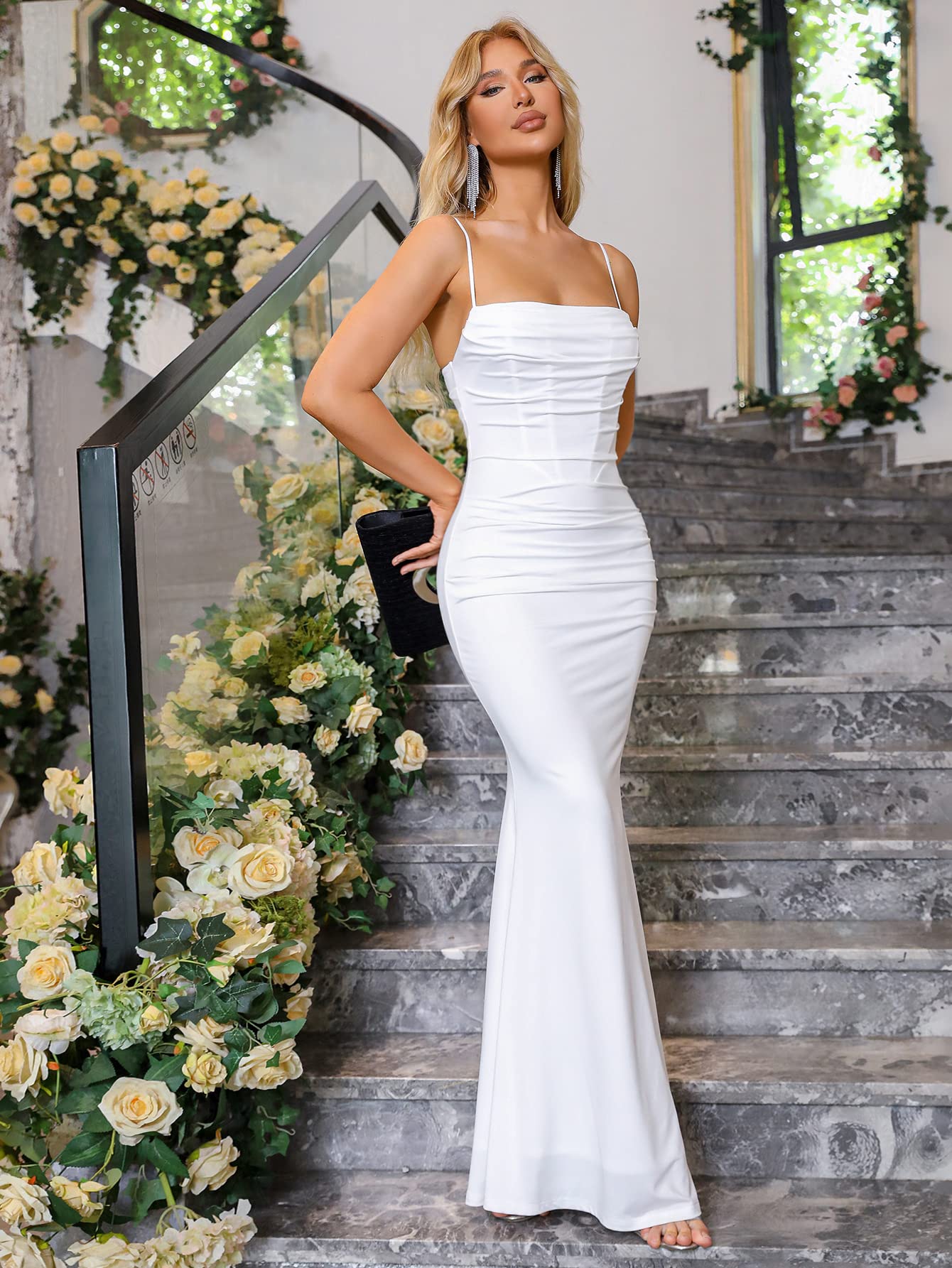 EYNMIN Women's Sleeveless Bodycon Corset Maxi Dress Spaghetti Strap Ruched Elegant Evening Wedding Guest Long Formal Dresses White M