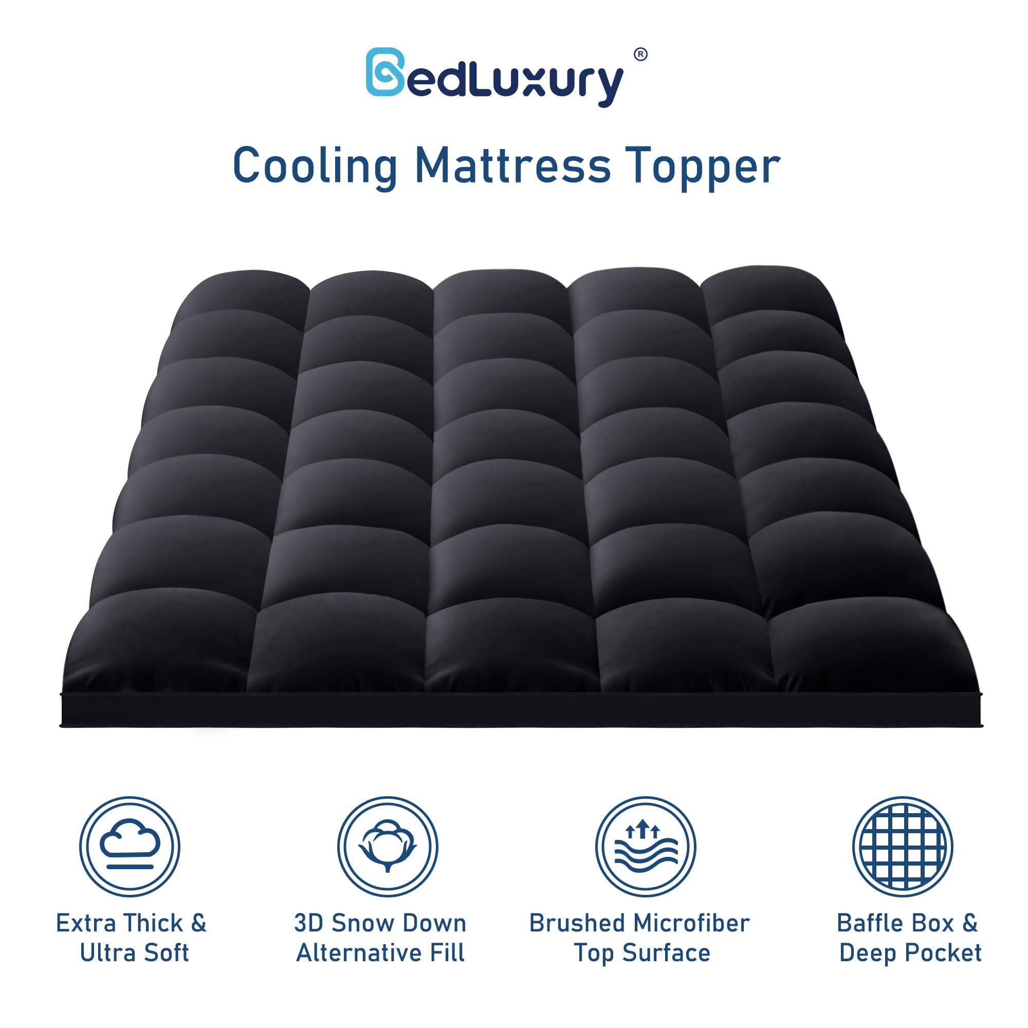 BedLuxury Full XL Black Mattress Topper Mattress Pad Cover Plush Soft Pillowtop with Elastic Deep Pocket Overfilled Down Alternative Filling