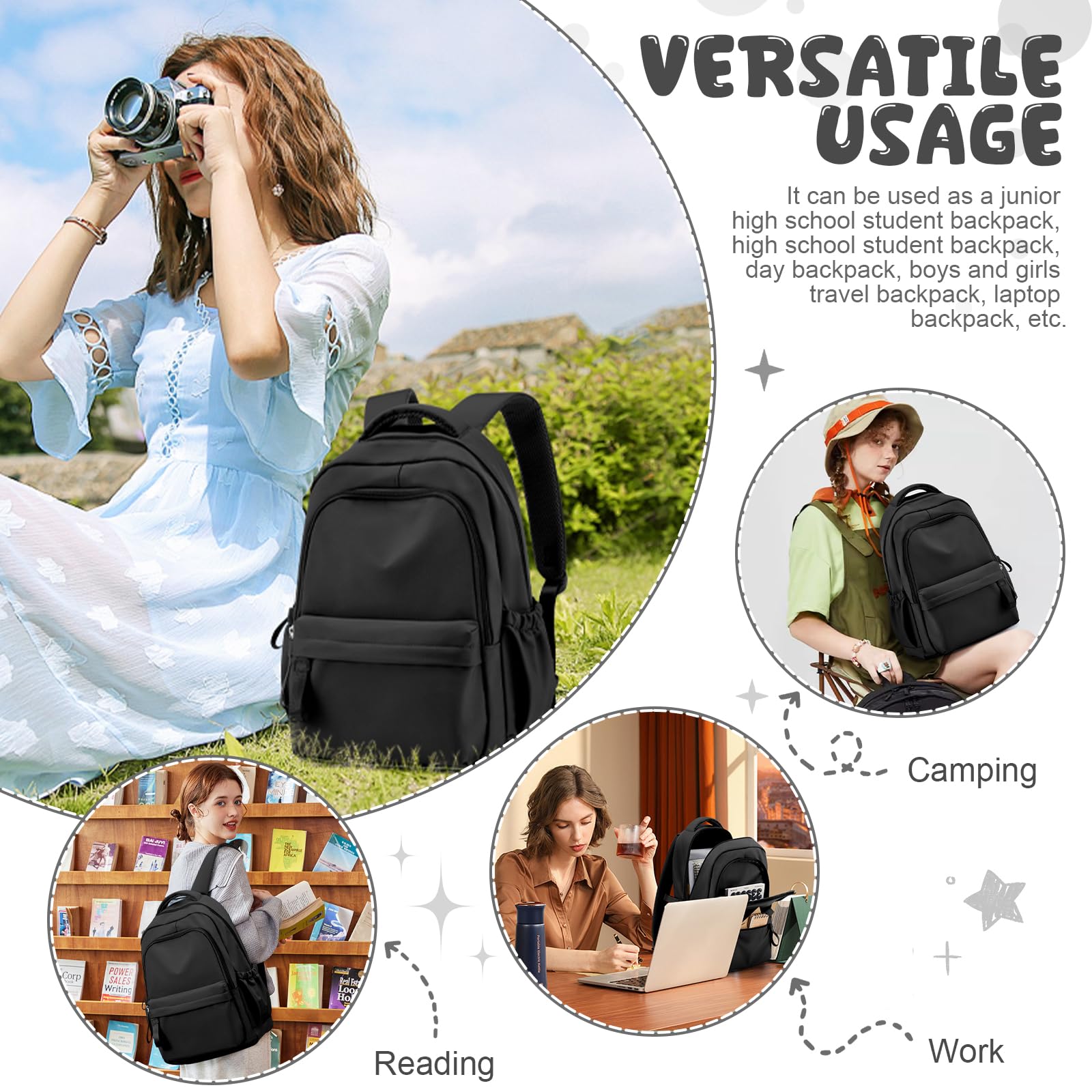 Small Backpack For School Girls Boys Aesthetic Lightweight Travel Daypack Simple Cute Backpack For Women Men Waterproof College High School Bookbag Fit 14 Inch Laptop With USB charging port,Black