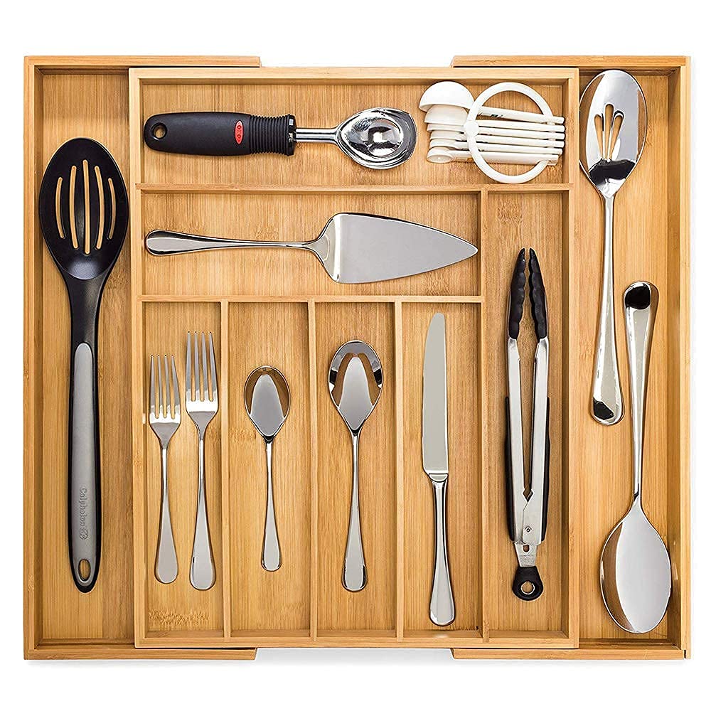 Rosas Corp Bamboo Expandable Kitchen Drawer Organizer - 100% Pure Bamboo, 7 to 9 Compartments Adjustable Drawer Dividers Organizer for Silverware, Cutlery Tray, Flatware and Other Kitchen Utensils