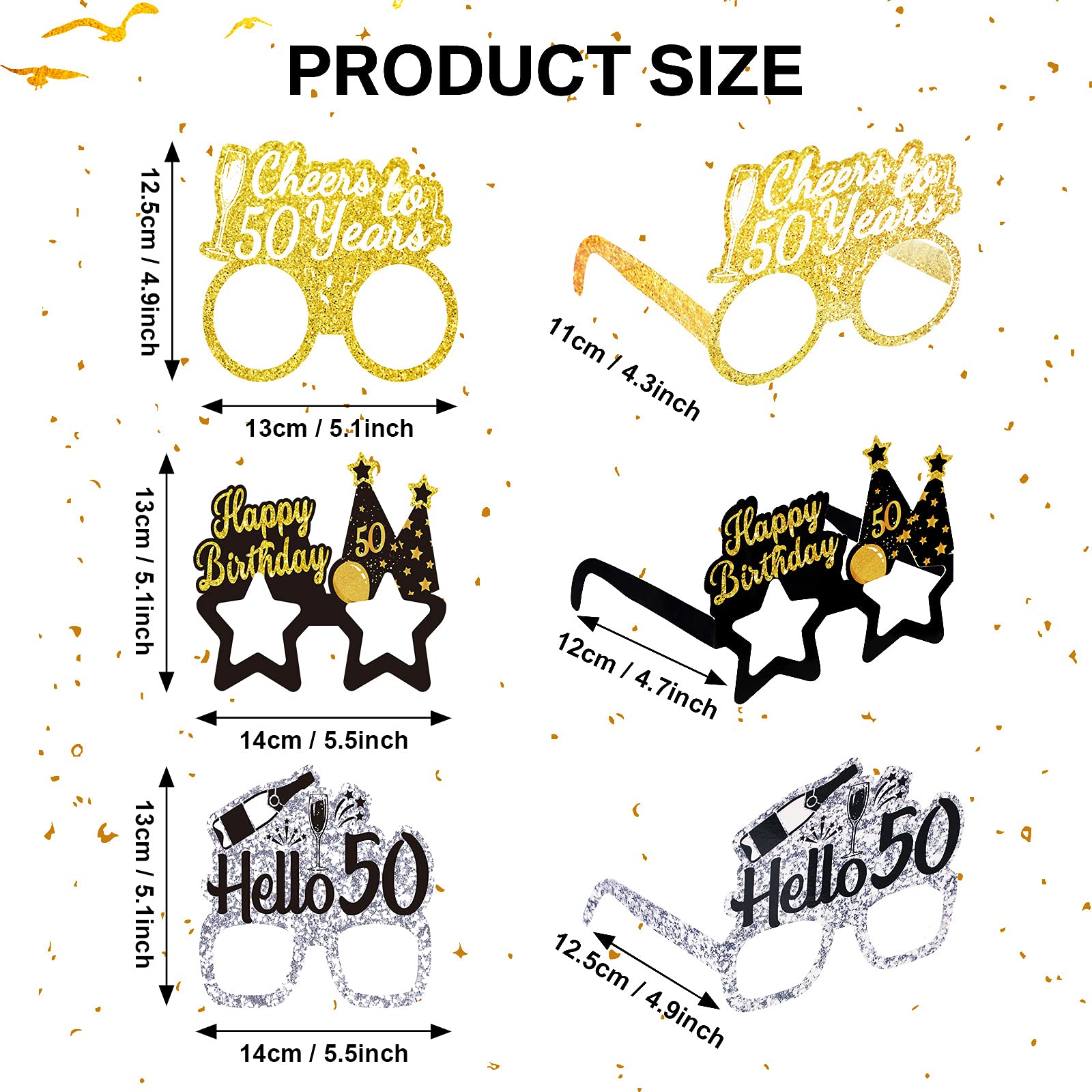 Threan 36 Pcs 40th 50th 60th Birthday Party Paper Eyeglasses Decoration, Birthday Eyeglasses Photo Props Decor for Men Women(50th)