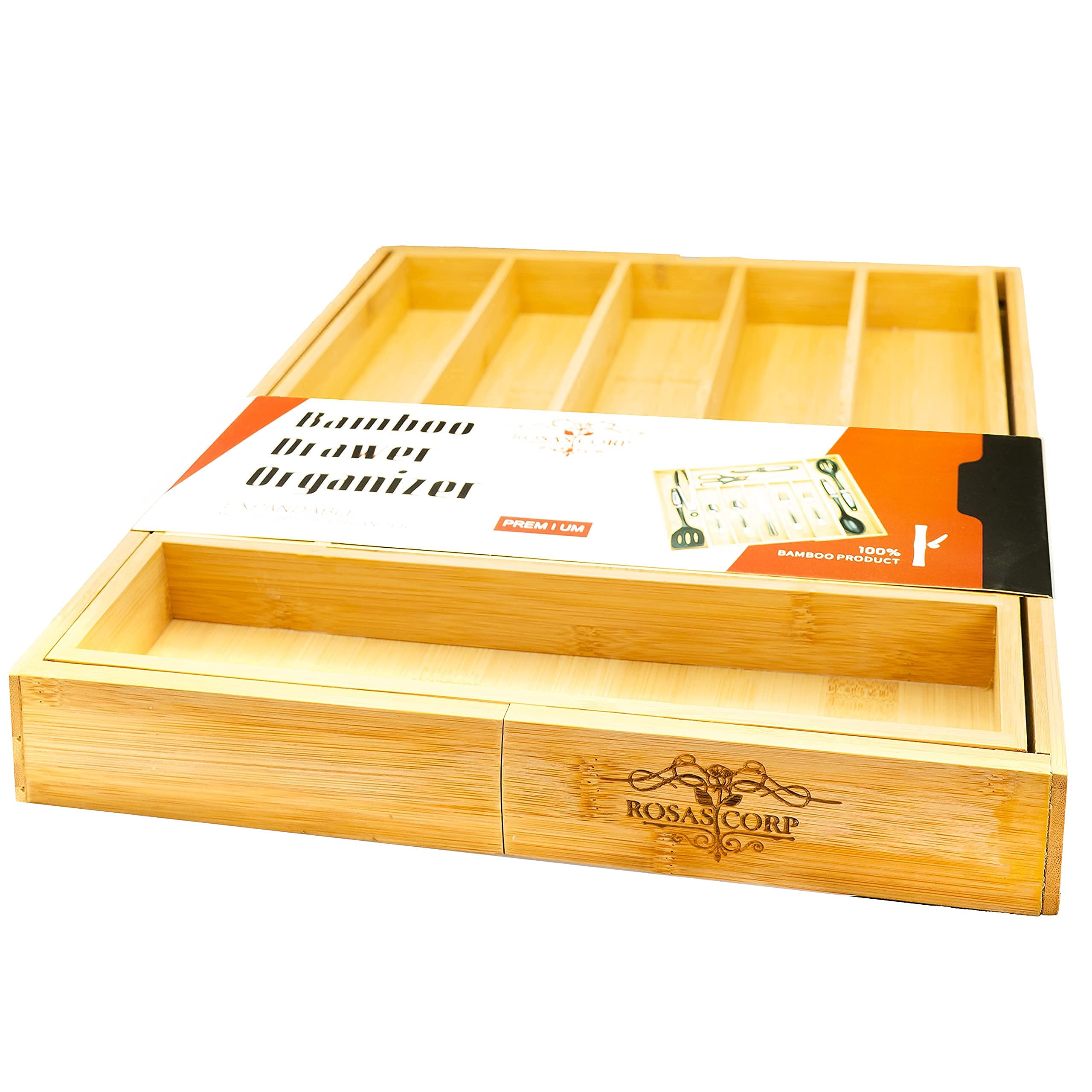 Rosas Corp Bamboo Expandable Kitchen Drawer Organizer - 100% Pure Bamboo, 7 to 9 Compartments Adjustable Drawer Dividers Organizer for Silverware, Cutlery Tray, Flatware and Other Kitchen Utensils