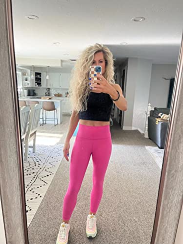 HeyNuts Pure&Plain 7/8 High Waisted Leggings for Women, Athletic Compression Tummy Control Workout Yoga Pants 25'' Sonic Pink L(12)