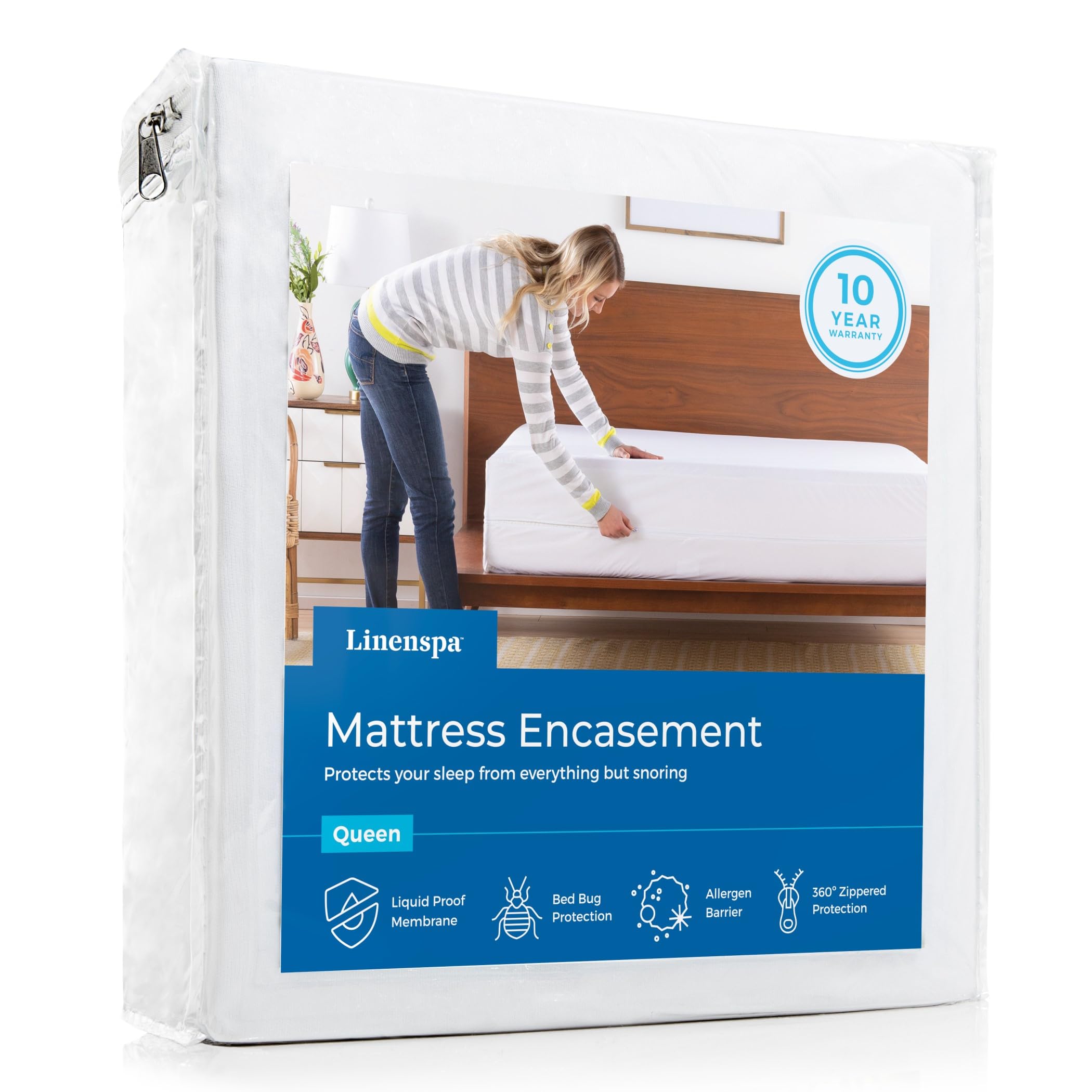 Linenspa Zippered Mattress Encasement - Waterproof & Bed Bug Proof - Premium Noiseless & Absorbent Cover – Full XL,White