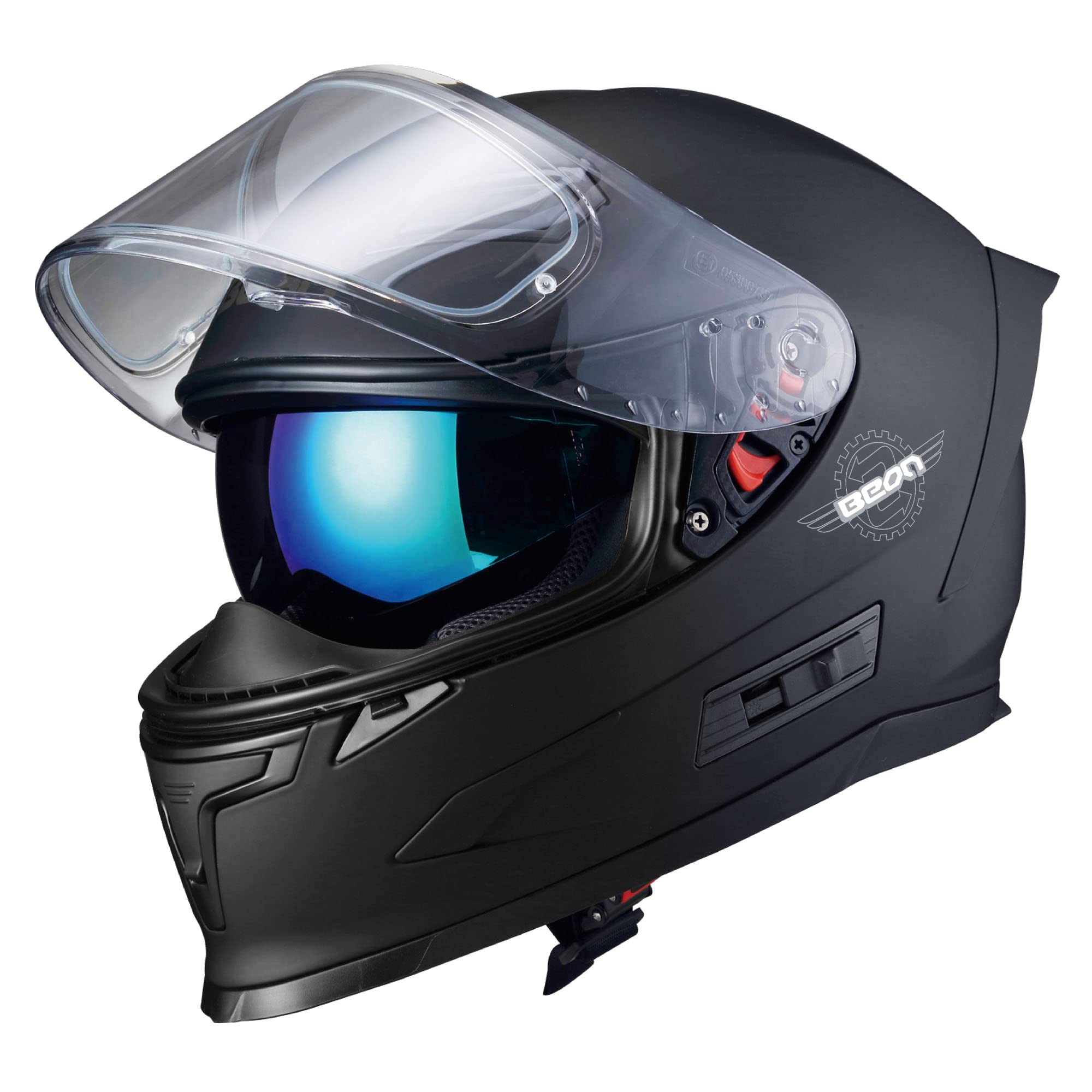 BEON Full Face Motorcycle Helmet, Street Bike Helmet with Clear&Tinted Visors and Multiple Vents, Motocross Casco DOT Approved for Adult Men Women, S-XL (L, Matte Black)
