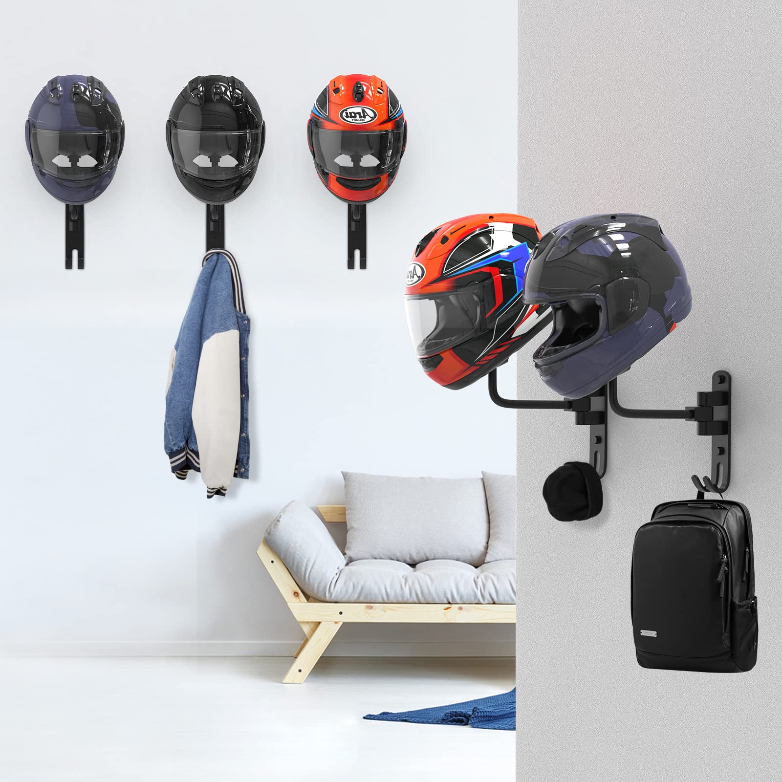 LIFXIZE Helmet Hanger Wall Mount 180° Swivel Helmet Holder for Motorcycle Bike Racing Outerwear Sports Gear(2 Pack)