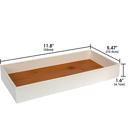 J JACKCUBE DESIGN Leather Bamboo Vanity Tray, Bathroom Organizer, Catch All Valet Tray for Women Perfume, Jewelry, Makeup, Candles, Key, Phone, Sunglasses (White)- MK205B