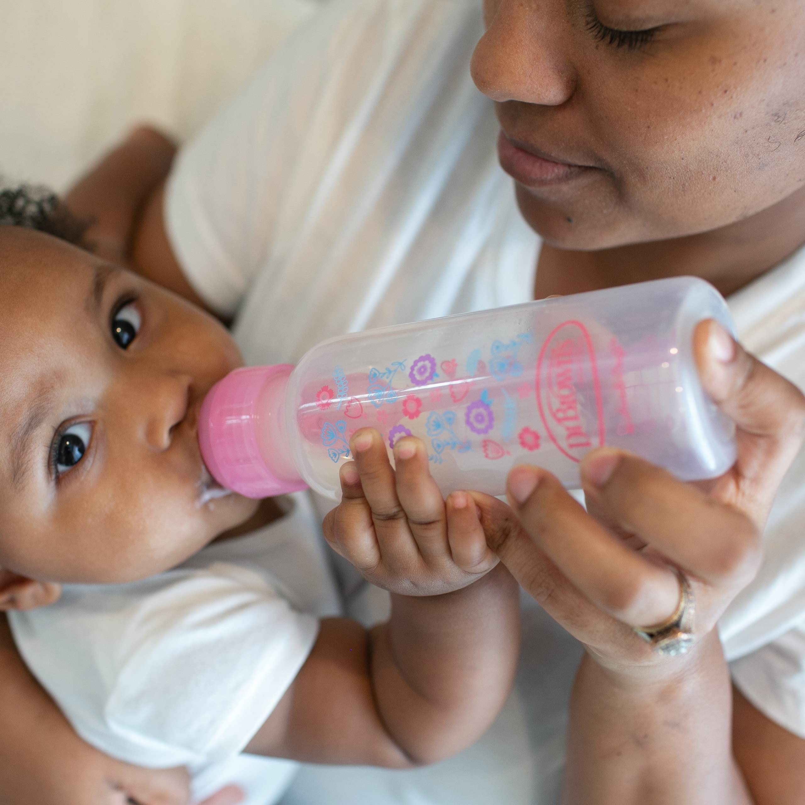 Dr. Brown's Natural Flow Anti-Colic Options+ Narrow Baby Bottle, Pink Floral, 8 oz/250 mL, with Level 1 Slow Flow Nipples, 0m+, 4 Pack
