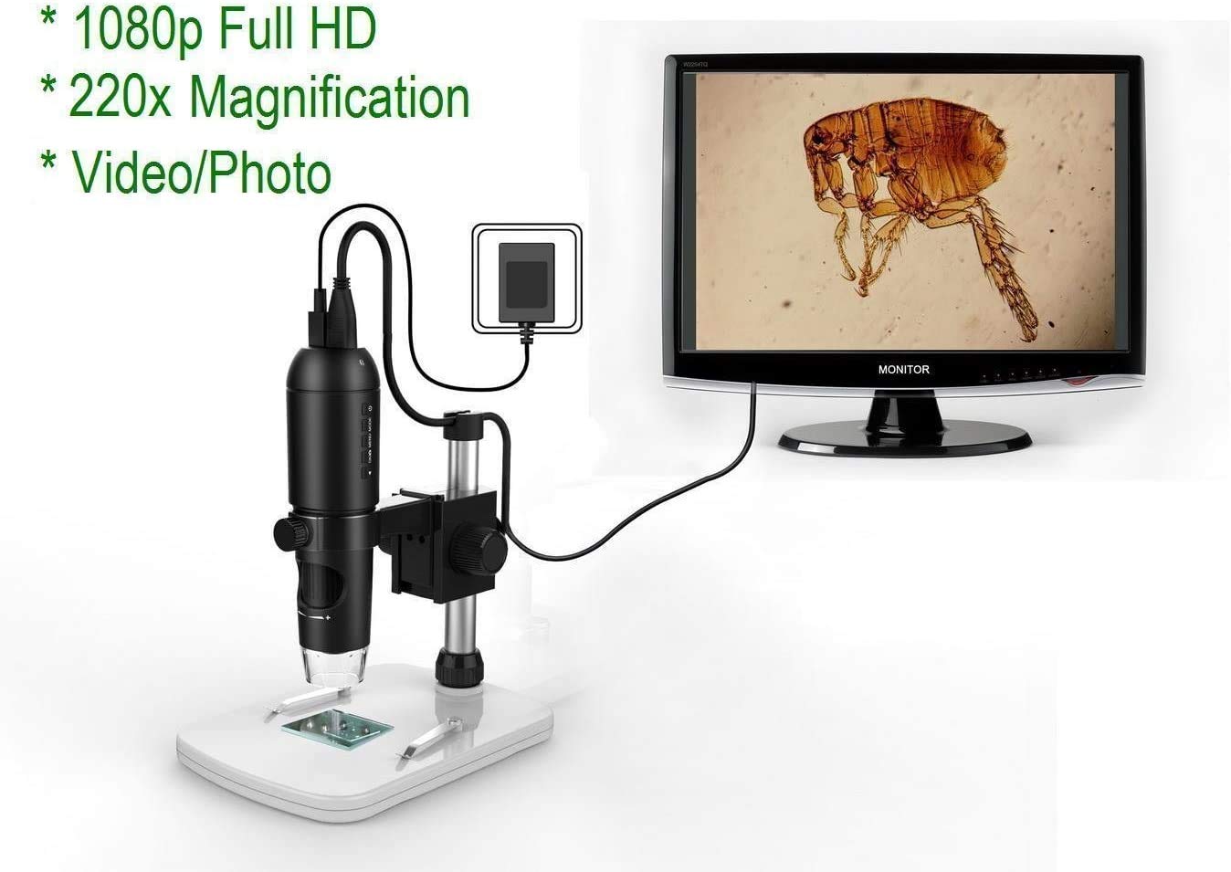 Mustcam 1080P Full HD Digital Microscope, HDMI Microscope, 10x-220x Magnification, to Any Monitor/TV with HDMI-in, Photo Capture, Micro-SD Storage, PC Supported