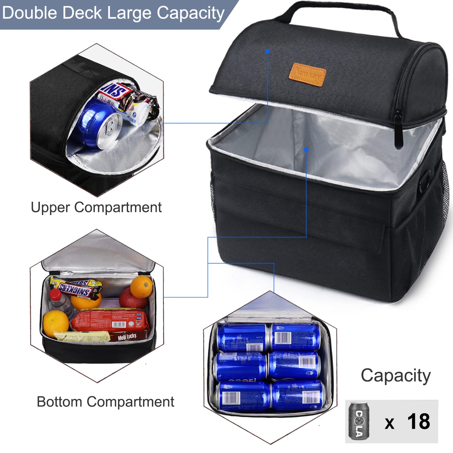 Dual Compartment Lunch Bag for Women Men, Reusable Insulated Lunch Bags Leakproof Large Lunch Box Cooler Tote Bag with Adjustable Shoulder Strap for Office Work School Picnic Hiking Beach Party, Black