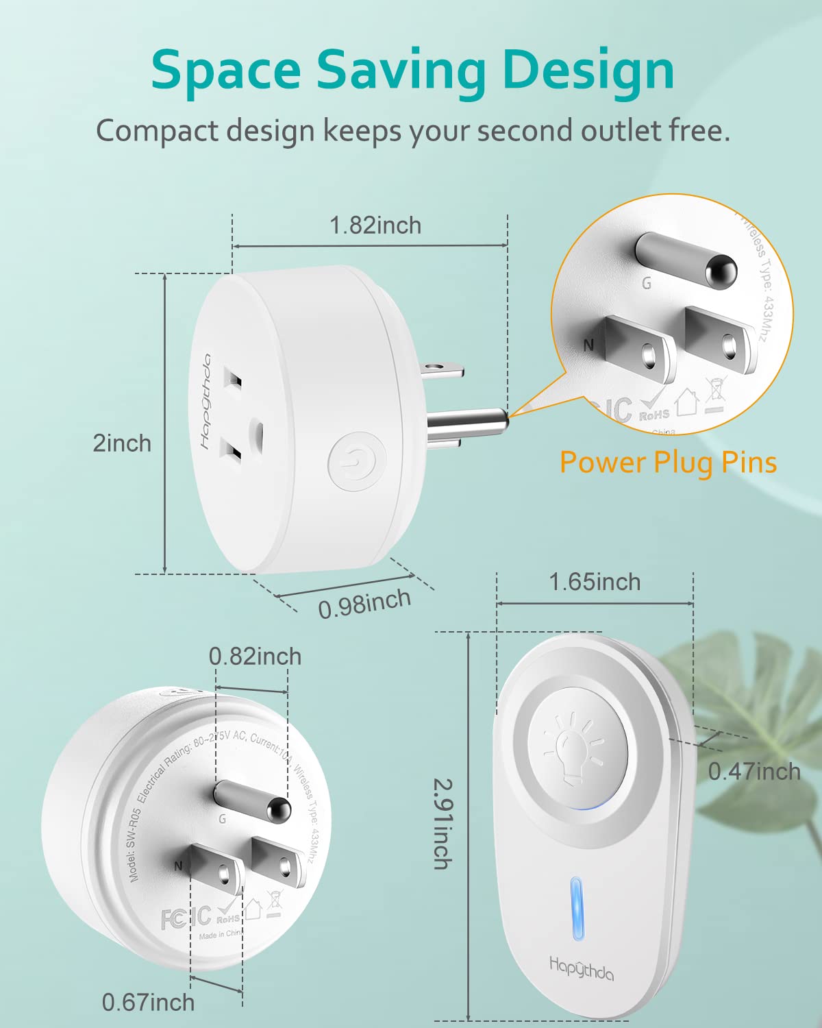 [2 Pack]HAPYTHDA Wireless Remote Control Outlet Plug, No Wiring Needed Remote Light Switches Kit, 500 Feet RF Range 275V/15A/1500W Electrical Remote Outlet for Light, Small Electrical Appliance