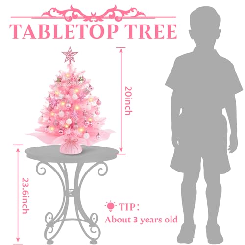 XmasExp 20in Mini Christmas Tree with Lights Pink Small Christmas Tree Artificial Tabletop Xmas Decor Holiday Decoration for Home, Office, Party