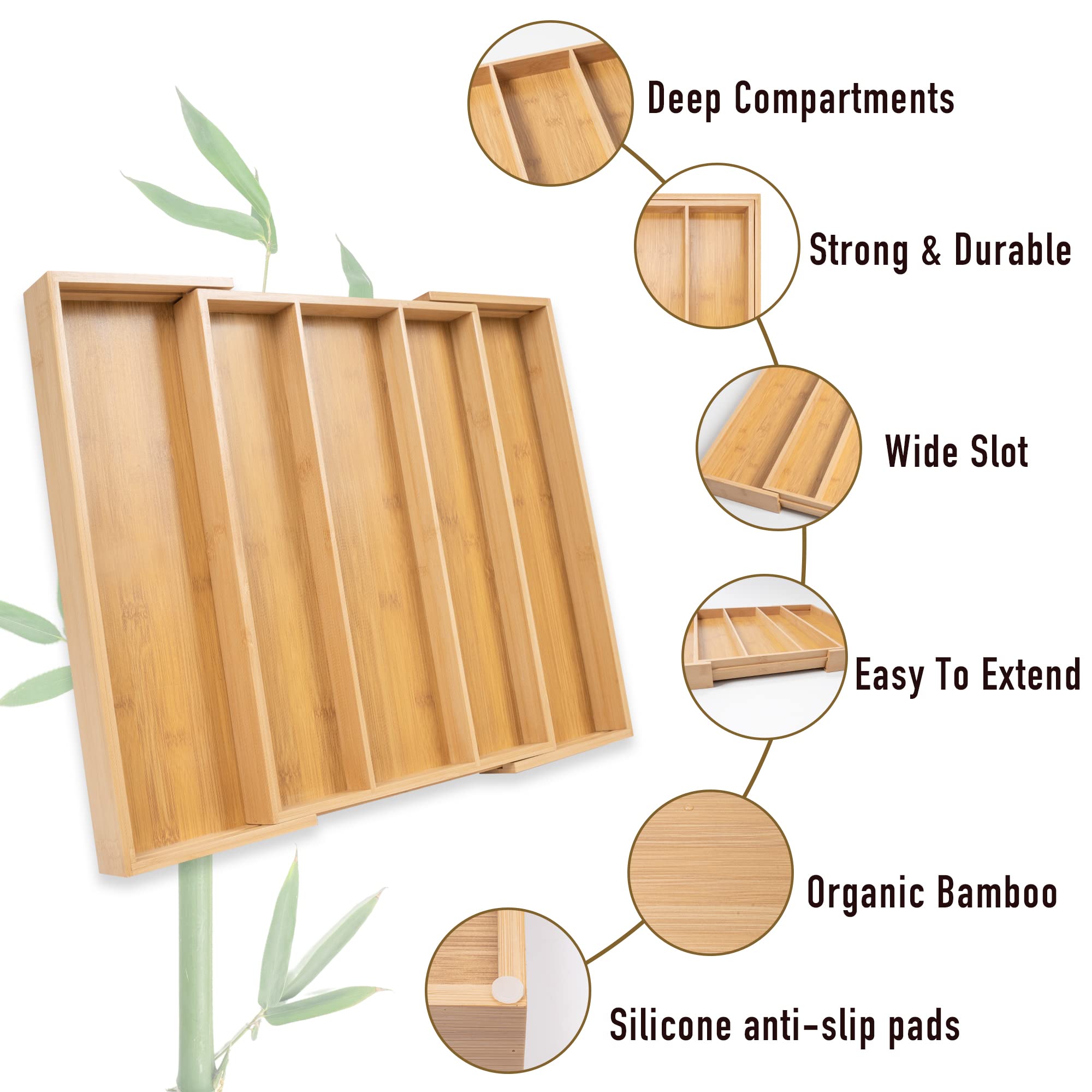 Besilord Silverware Organizer Expandable Kitchen Drawer Organizer Bambooo Utensil Organizer Silverware Tray for Drawer Flatware Cutlery Organizer