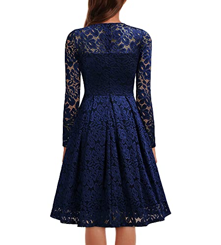 MISSMAY Women's Vintage Floral Lace Long Sleeve V Neck Cocktail Formal Swing Dress (Large, Navy Blue)
