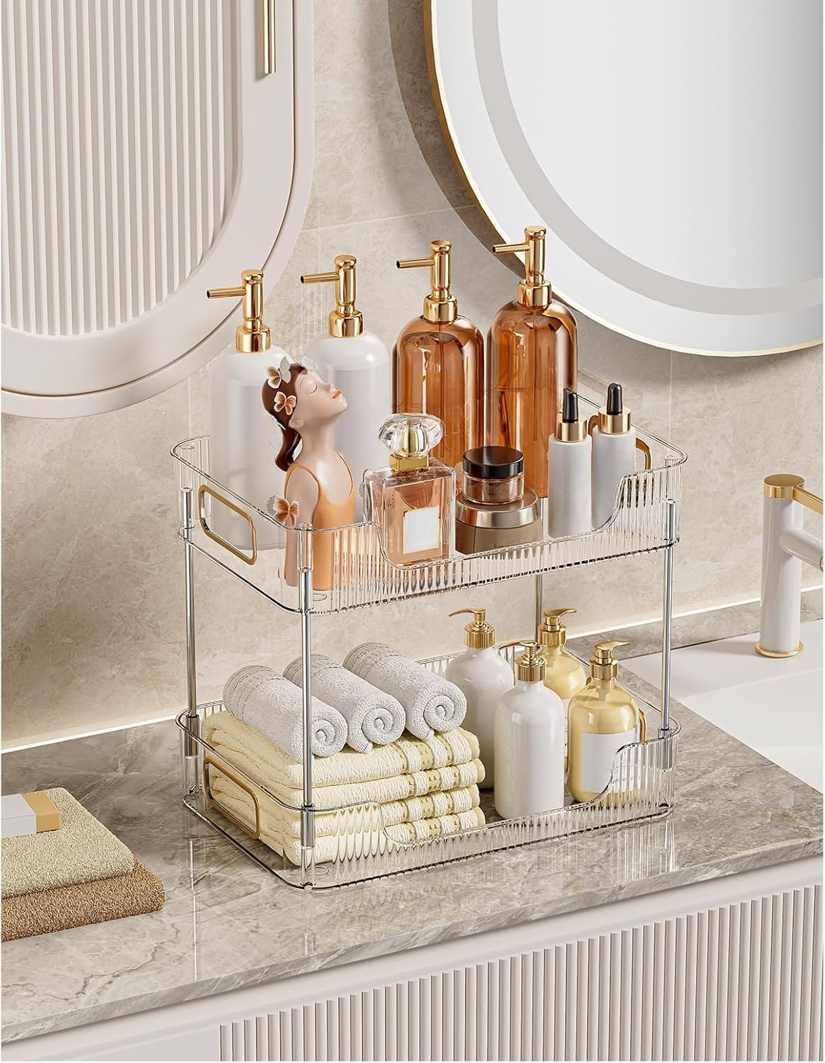 KSDSOAM 2 Tiers Bathroom Countertop Organizer, Cosmetics Skincare Organizer Holder for Perfume, Bathroom Organizers and Storage for Dresser Vanity Tray Sink (Clear)