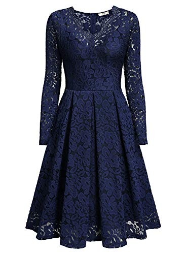 MISSMAY Women's Vintage Floral Lace Long Sleeve V Neck Cocktail Formal Swing Dress (Large, Navy Blue)