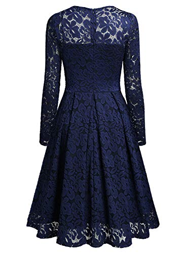 MISSMAY Women's Vintage Floral Lace Long Sleeve V Neck Cocktail Formal Swing Dress (Large, Navy Blue)